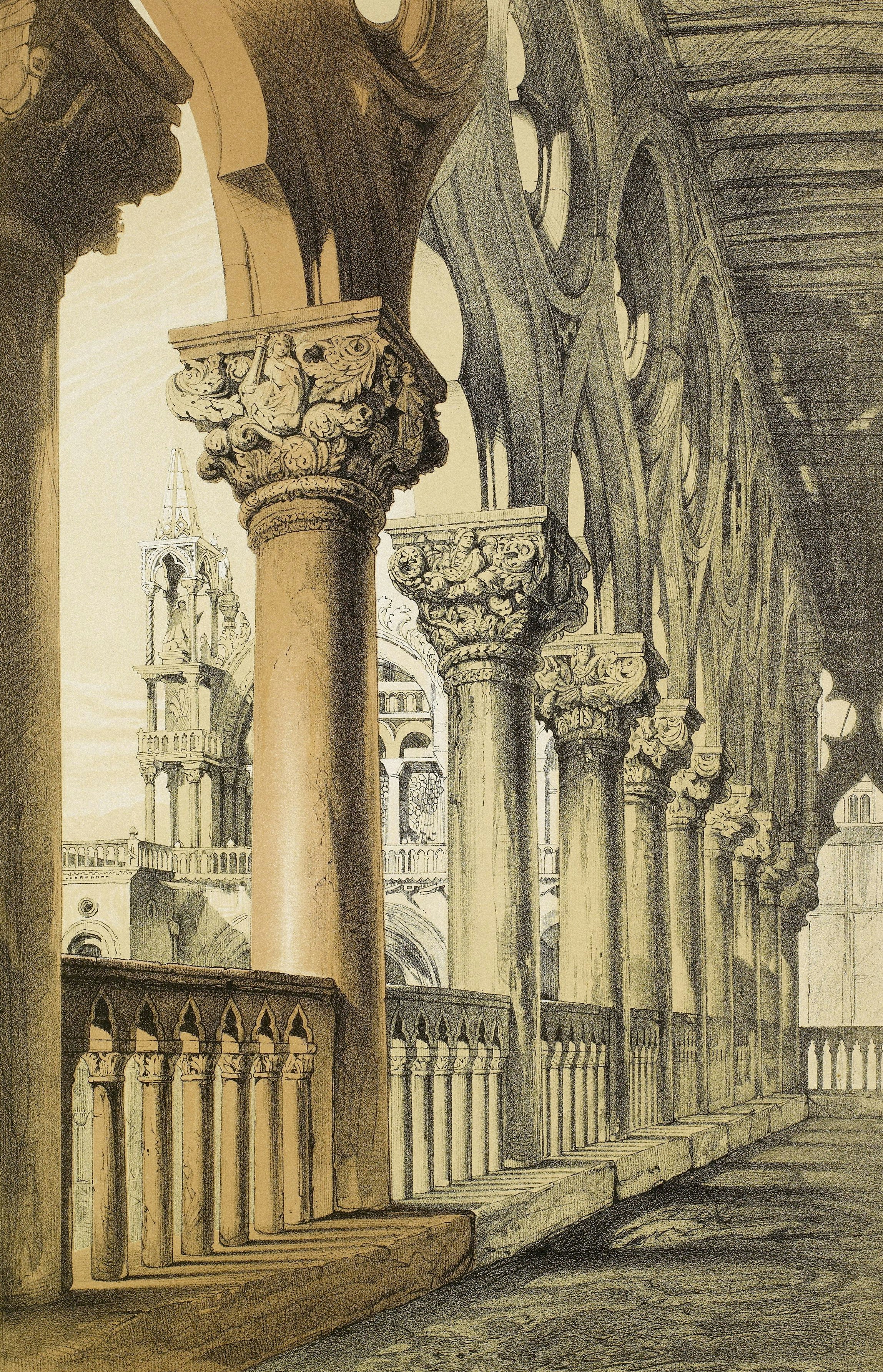 A drawing of a building with columns and arches photo – Free Art Image ...