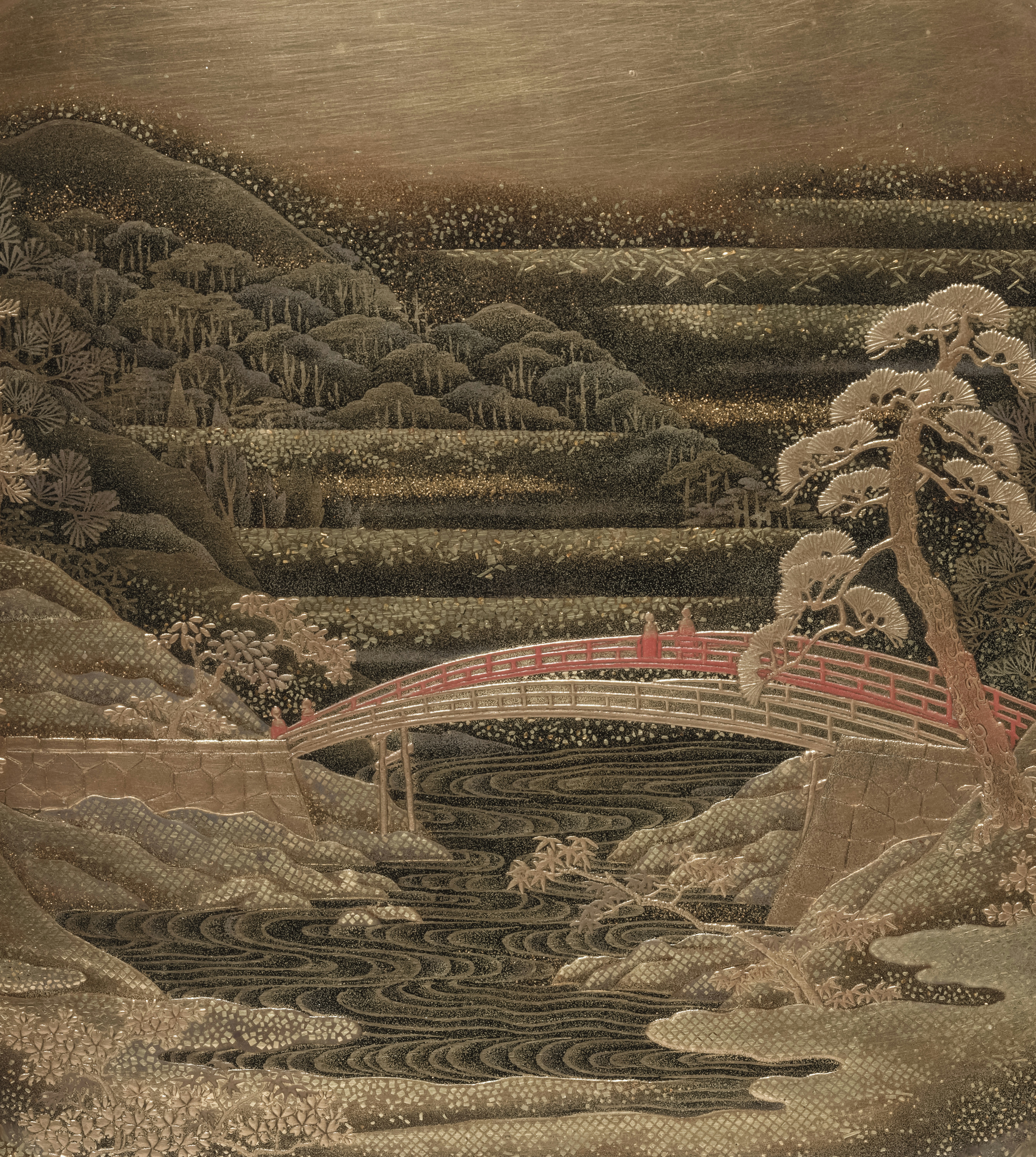 A traditional Japanese landscape illustration featuring a red bridge over a winding river, surrounded by lush hills and trees.