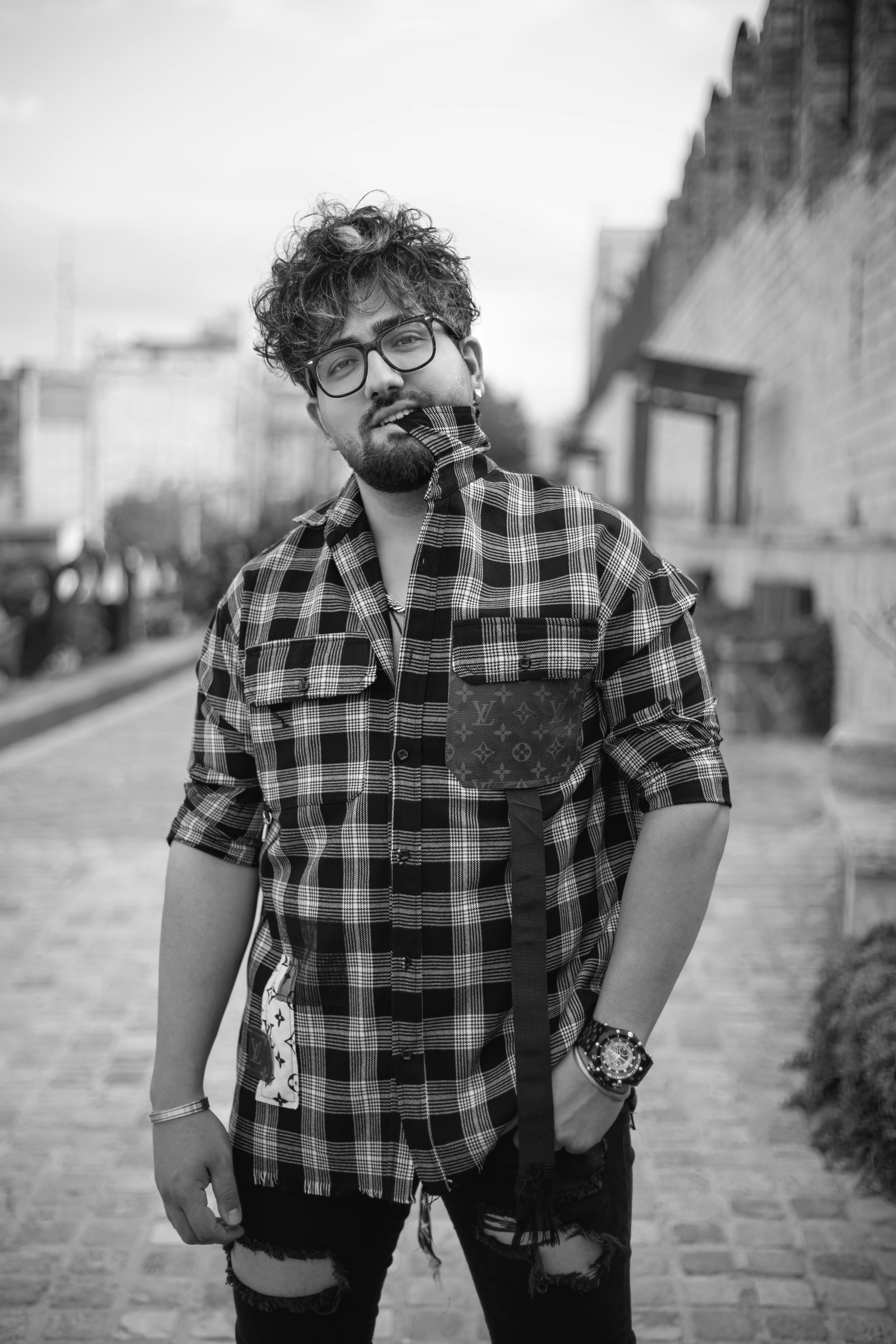 Heritage Street Veil: A Gritty Portrait in Plaid and Steel