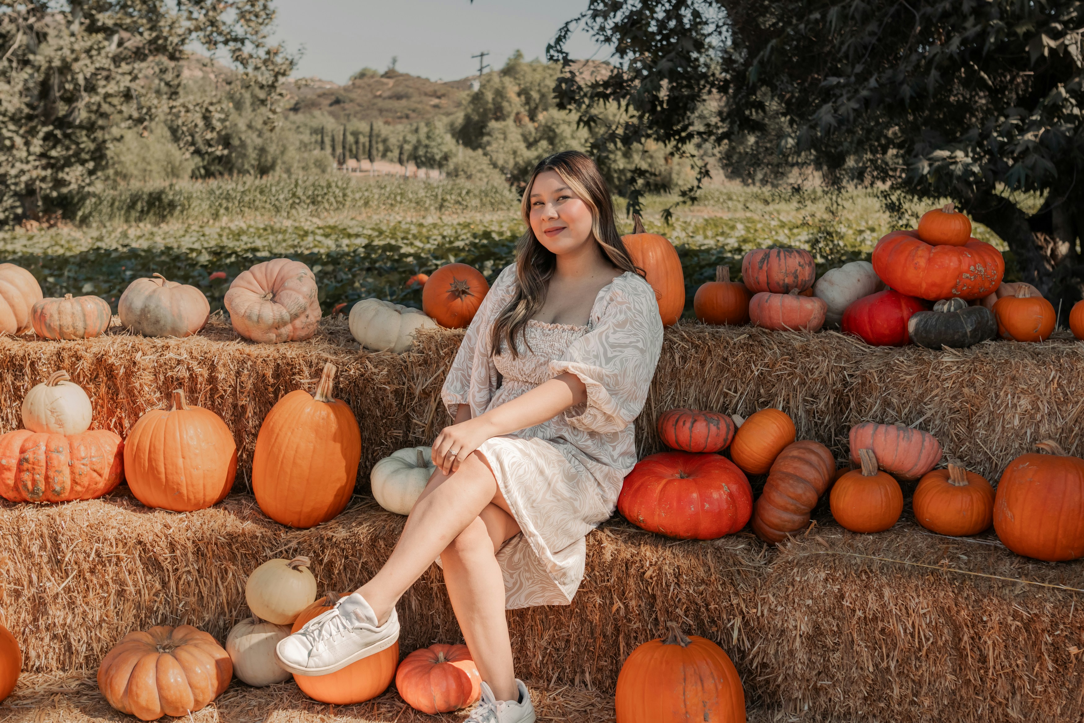 A woman sitting on hay bales with pumpkins in the background photo ...