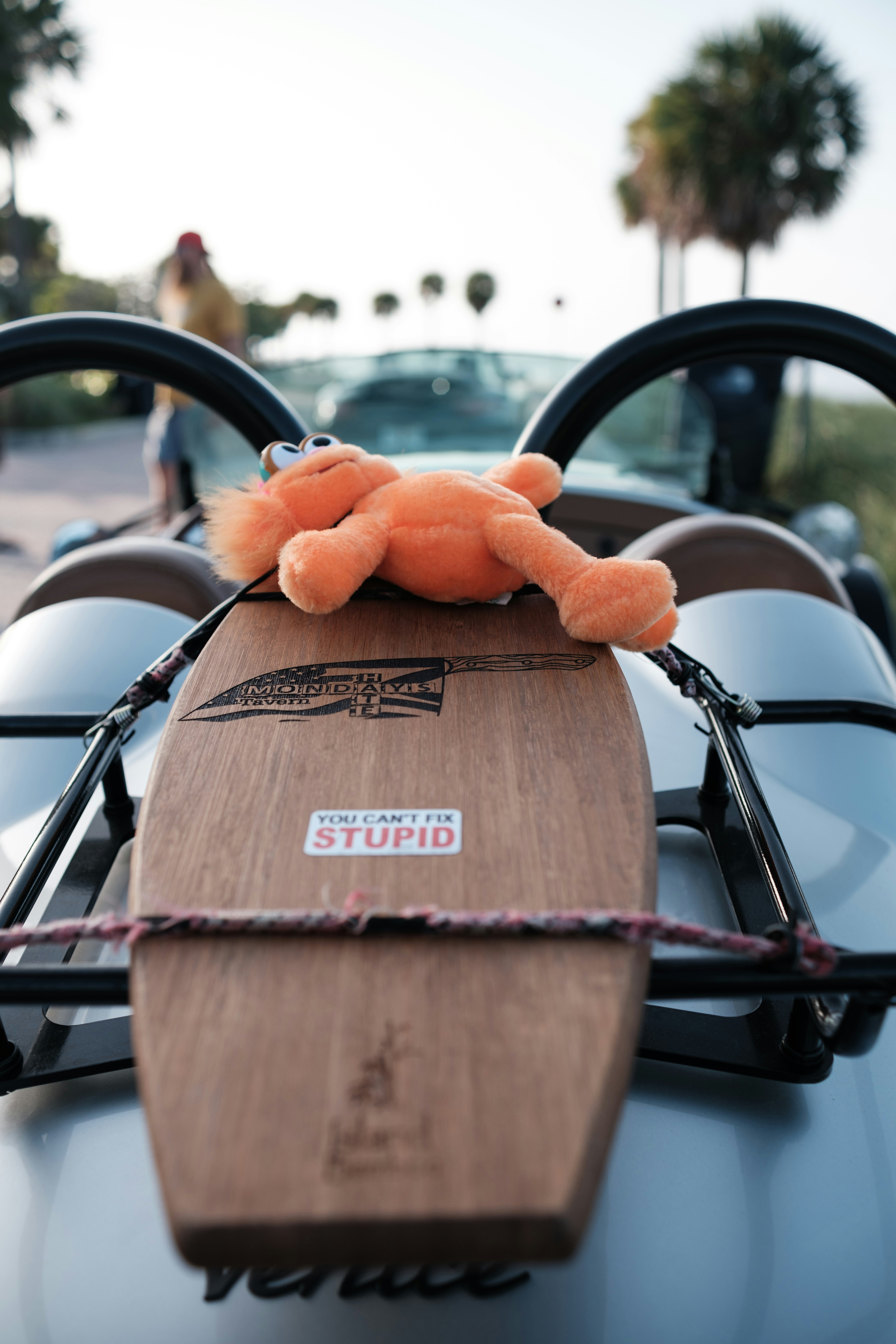 Whimsy on Wood: Orange Plush Guarding a Wooden Longboard Across a Parked Convertible