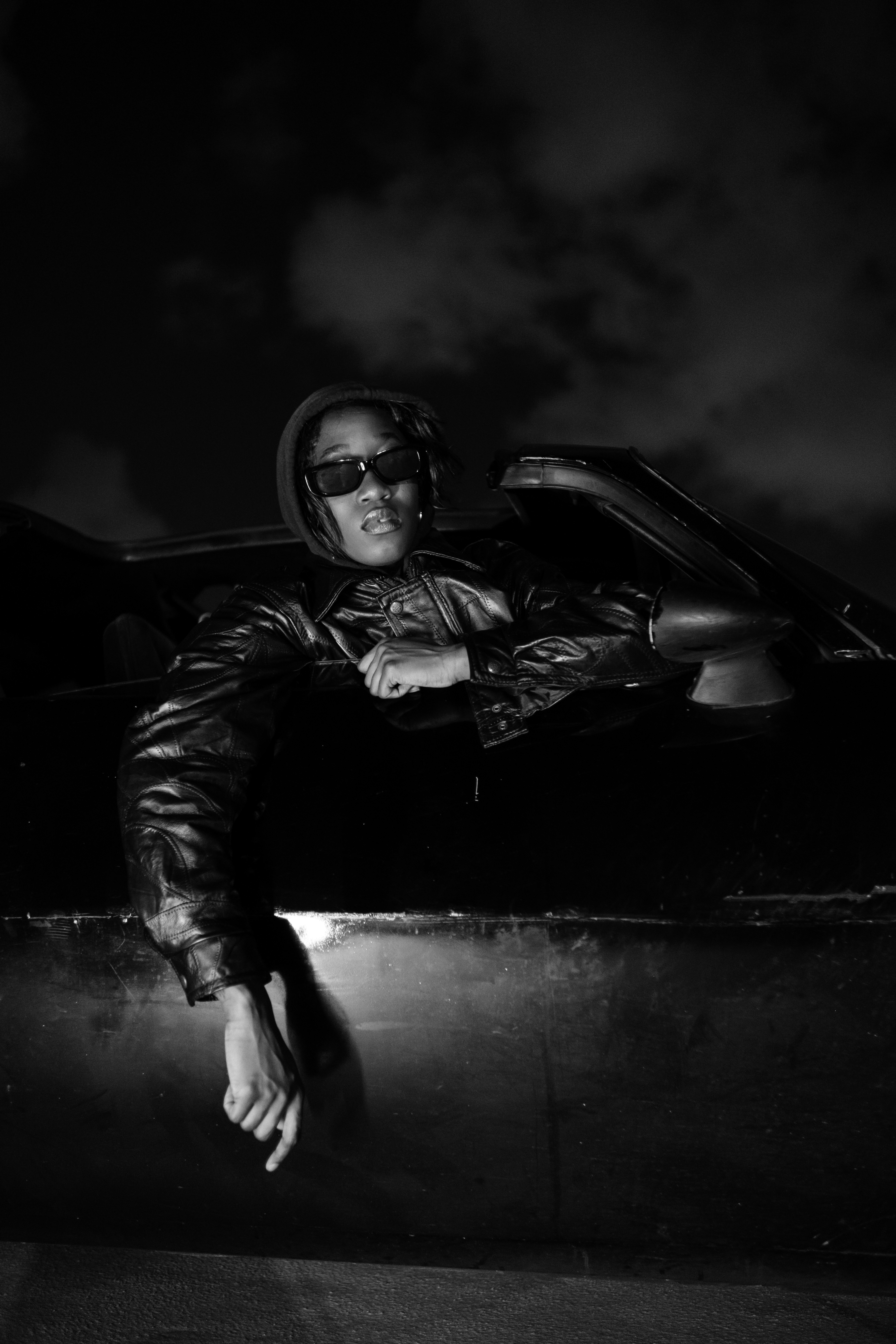 Noir in a Convertible: Hooded Portrait at Midnight