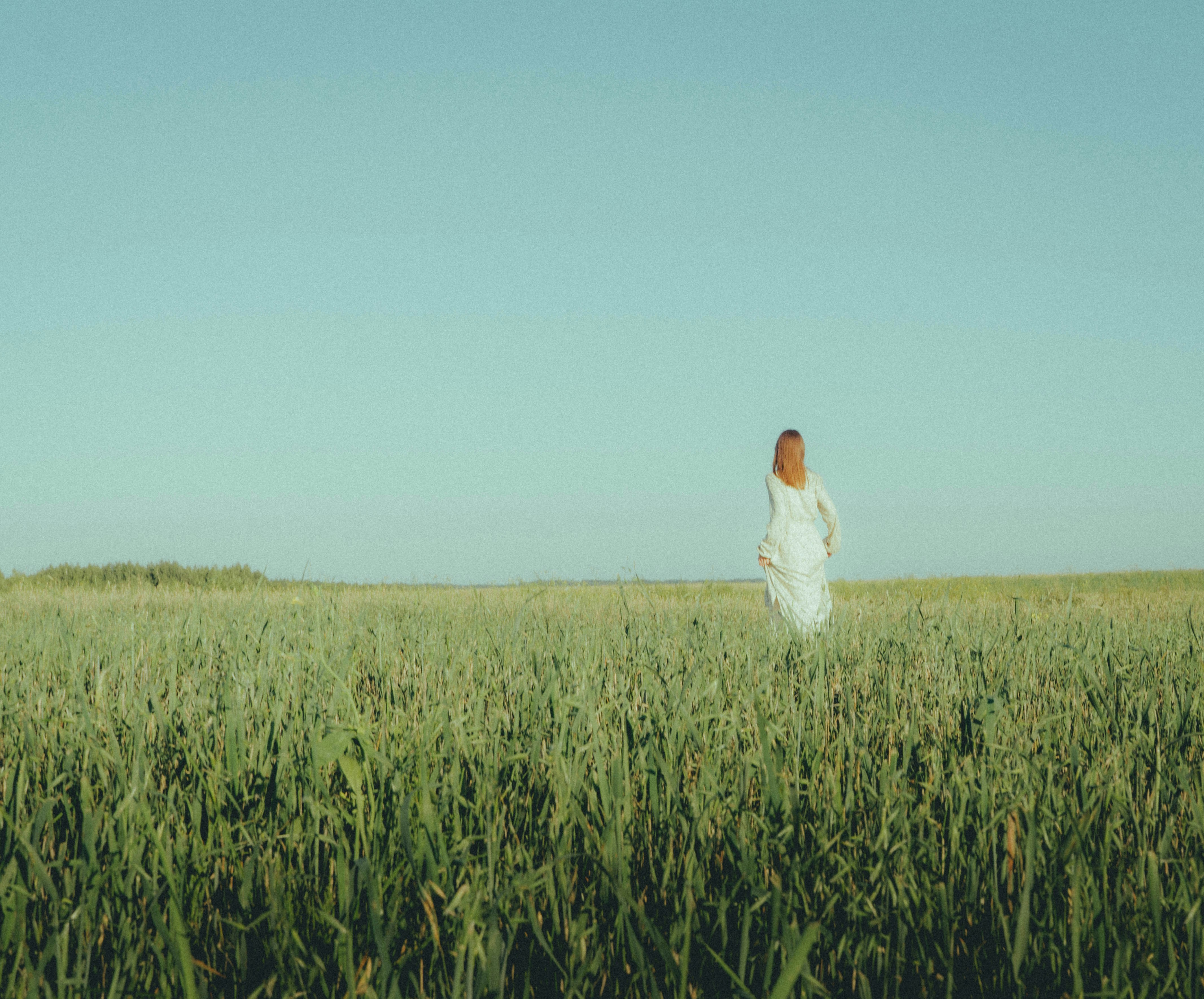 young beautiful girl in a long dress in a vast field