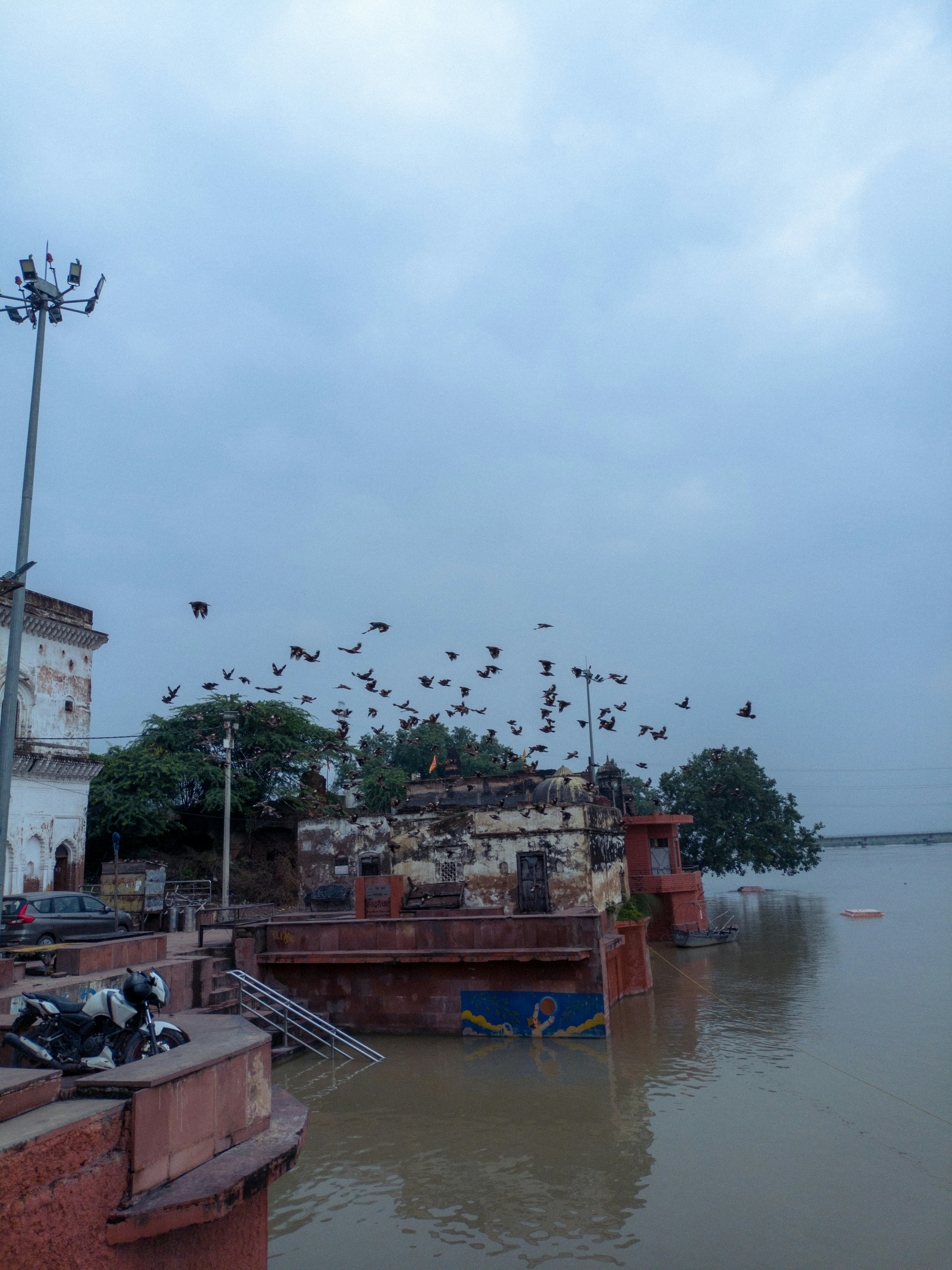 This photograph captures a flock of birds lifting off above a weathered riverside ruin and a murky waterway. The overcast sky and muted colors enhance the sense of quiet decay.