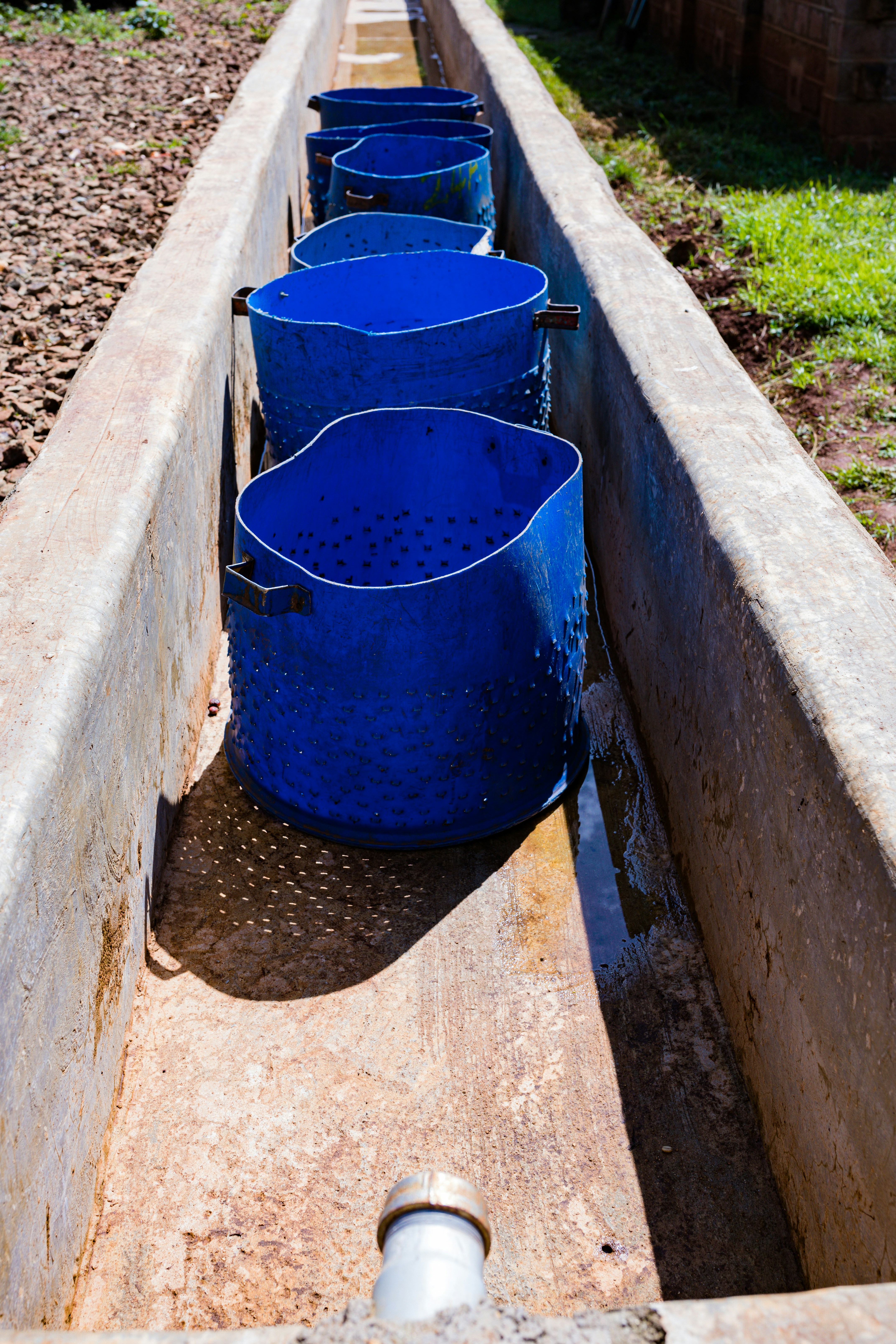 A row of blue buckets sitting next to each other photo – Free Blue ...