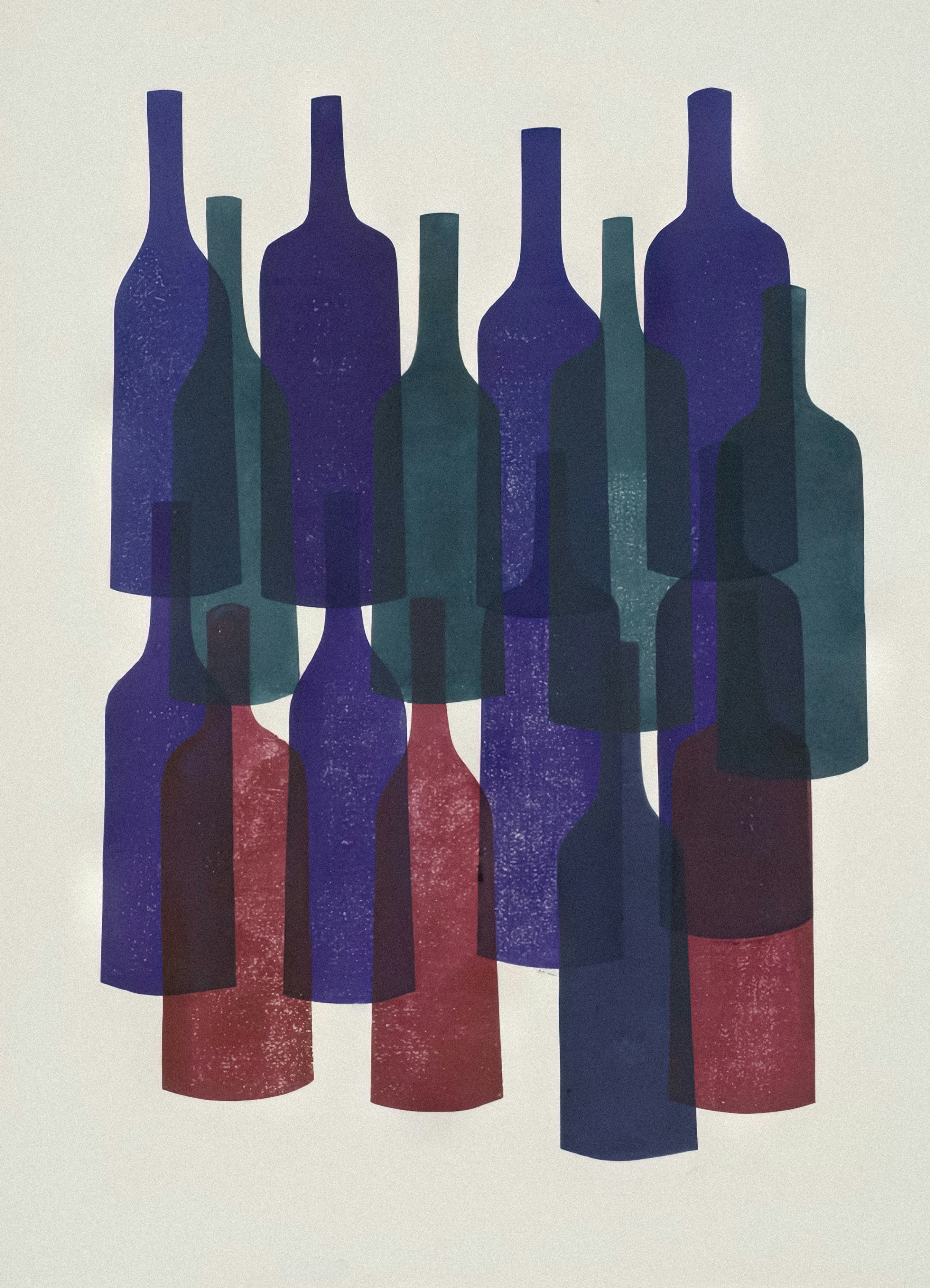 A vibrant arrangement of abstract bottle silhouettes in various hues, layered artistically to create depth and intrigue.