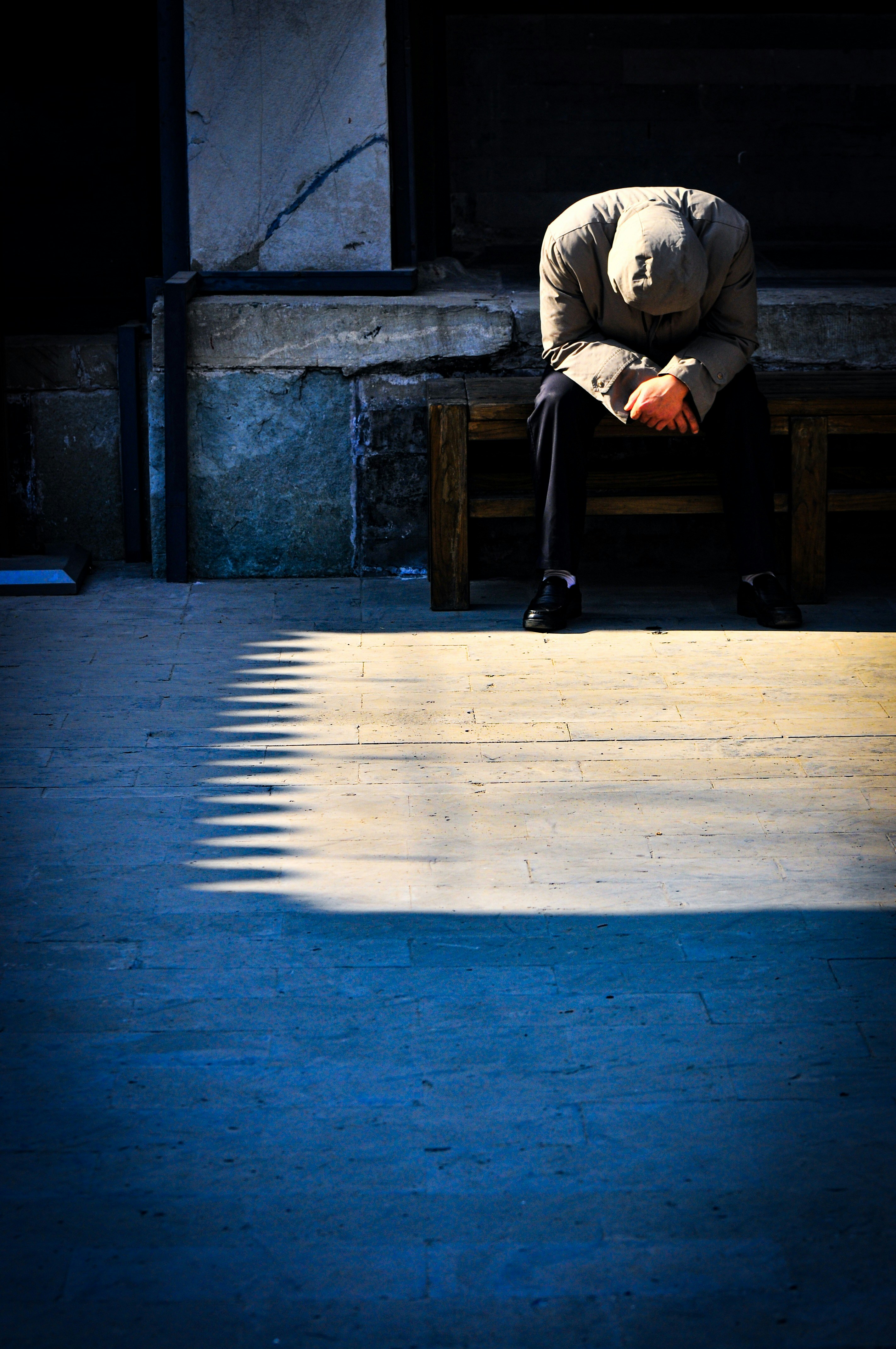 Shaded Contemplation on a Weathered Bench