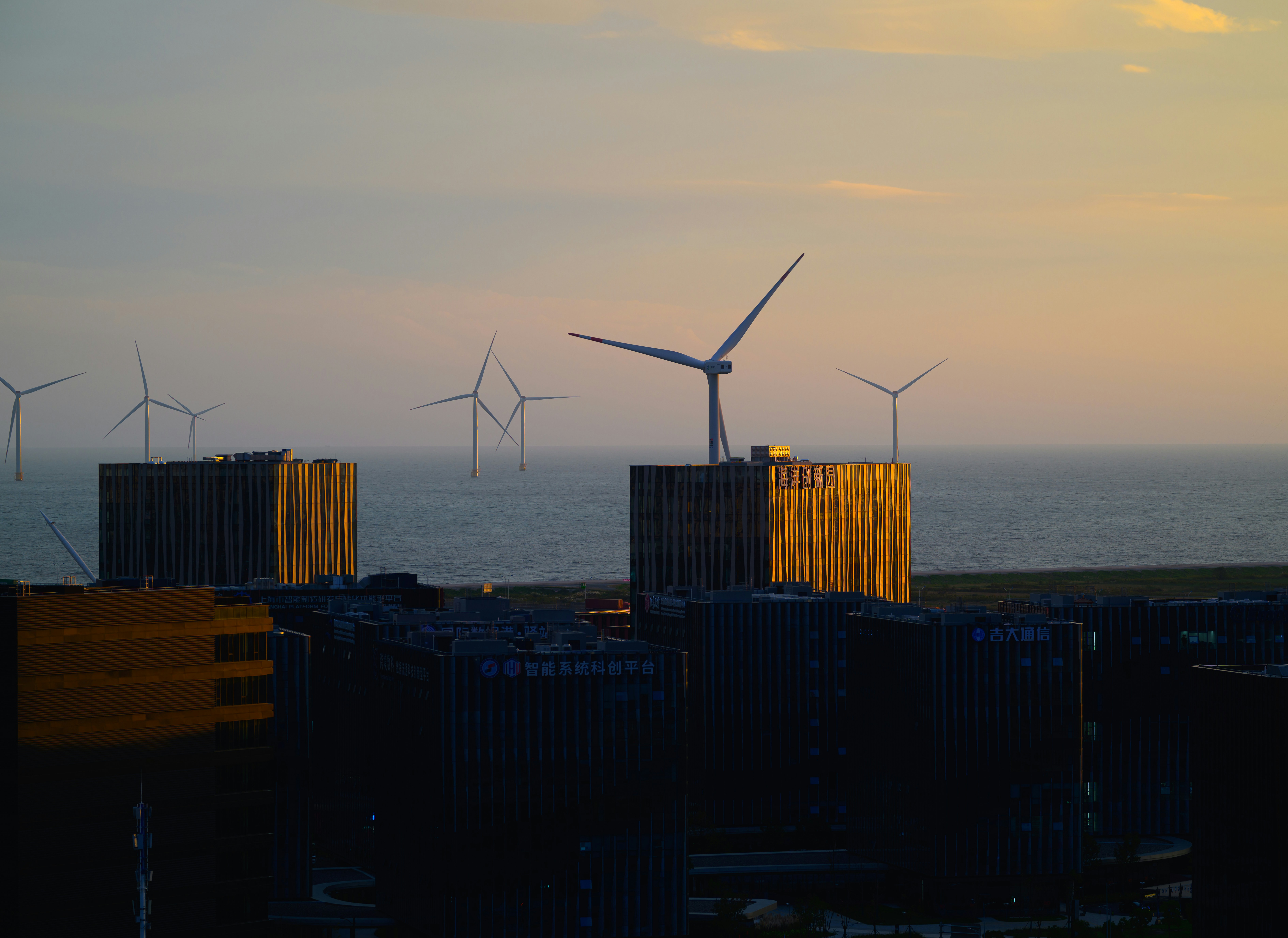 Coastline and wind turbines at sunset