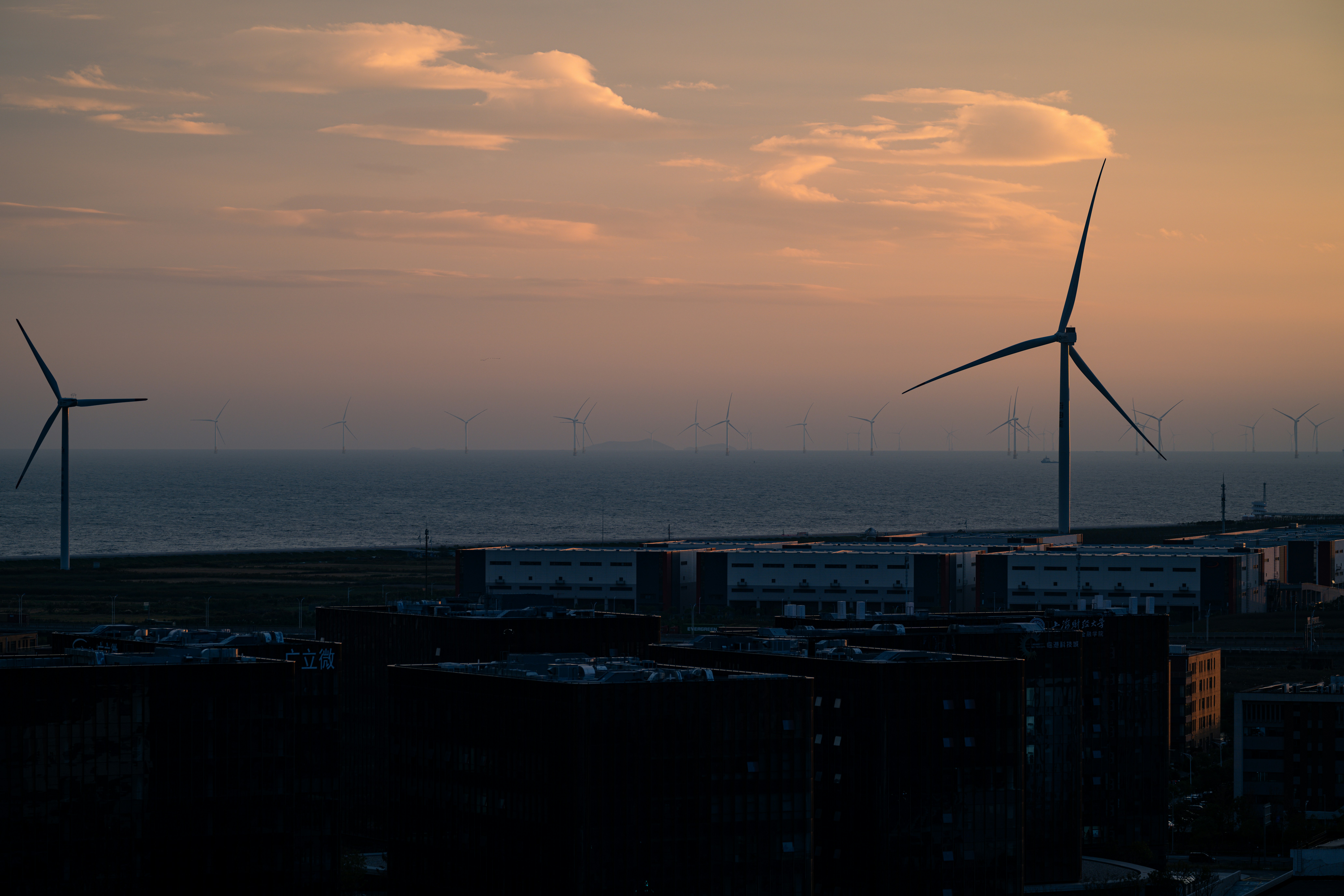 Dusk Over the City: Wind Turbines Framing the Coastal Horizon