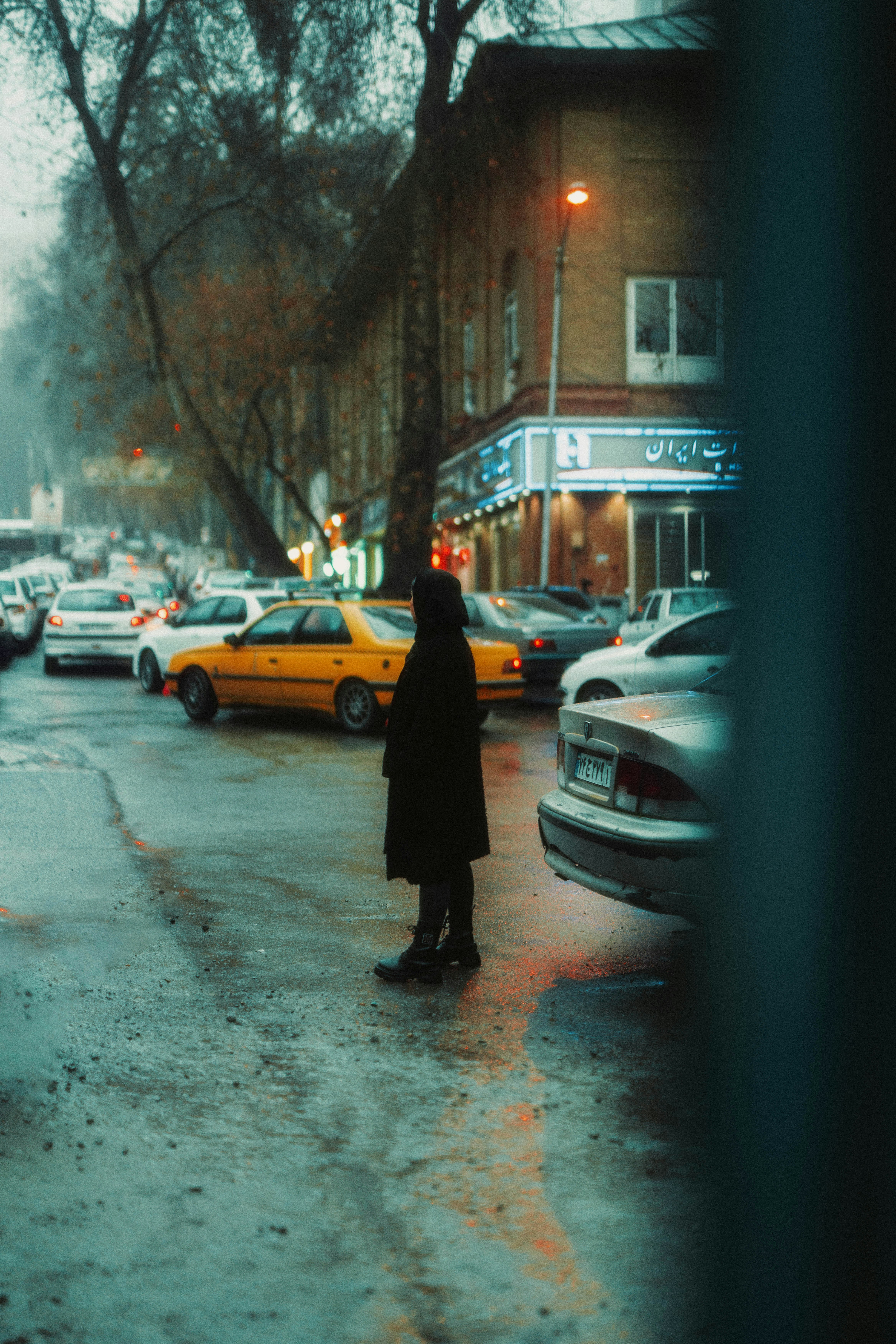 Silhouette at Dusk: Neon Echoes on a Rain-Slick Street