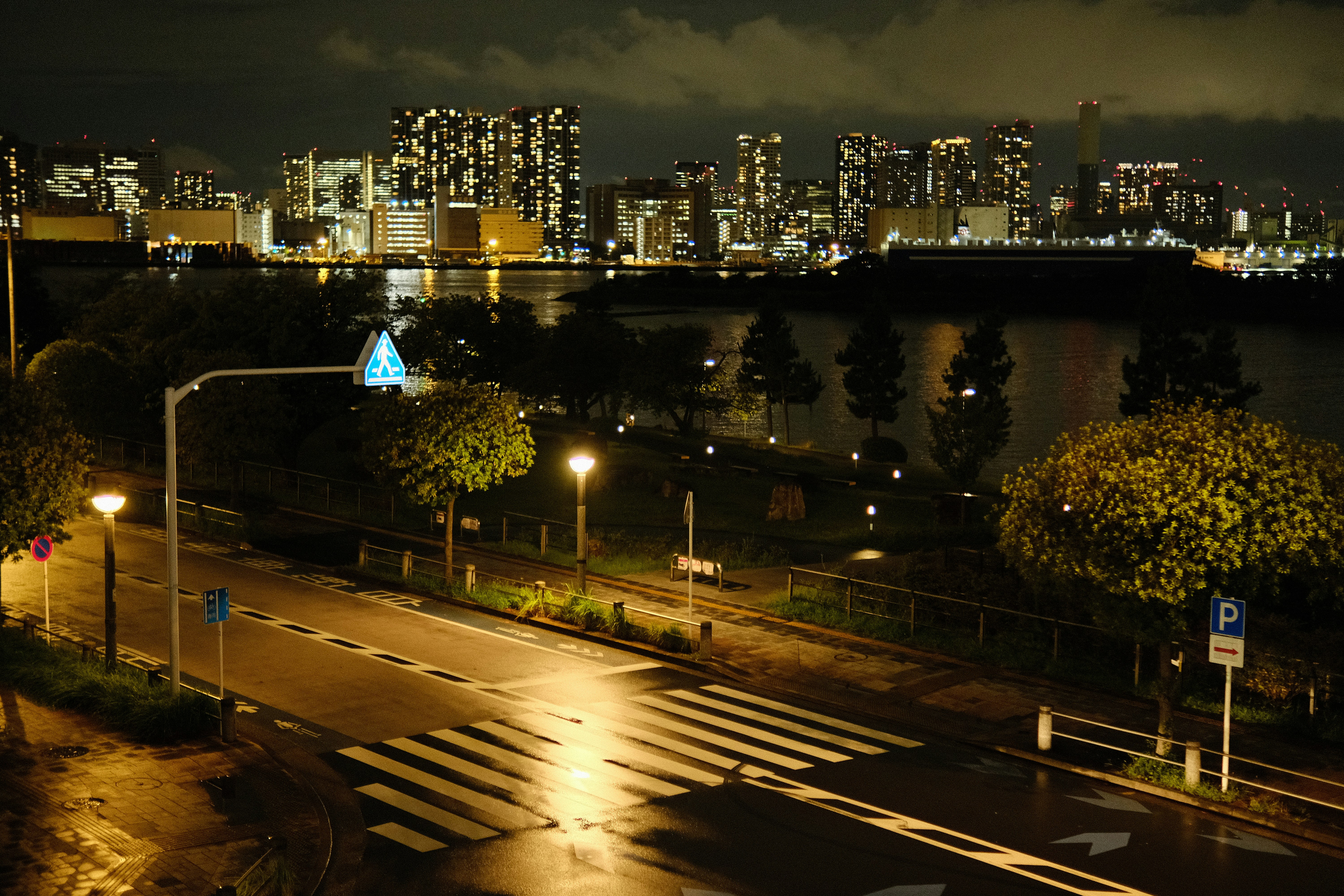 Nocturnal Crosswalk Toward a Glassy City Across the River