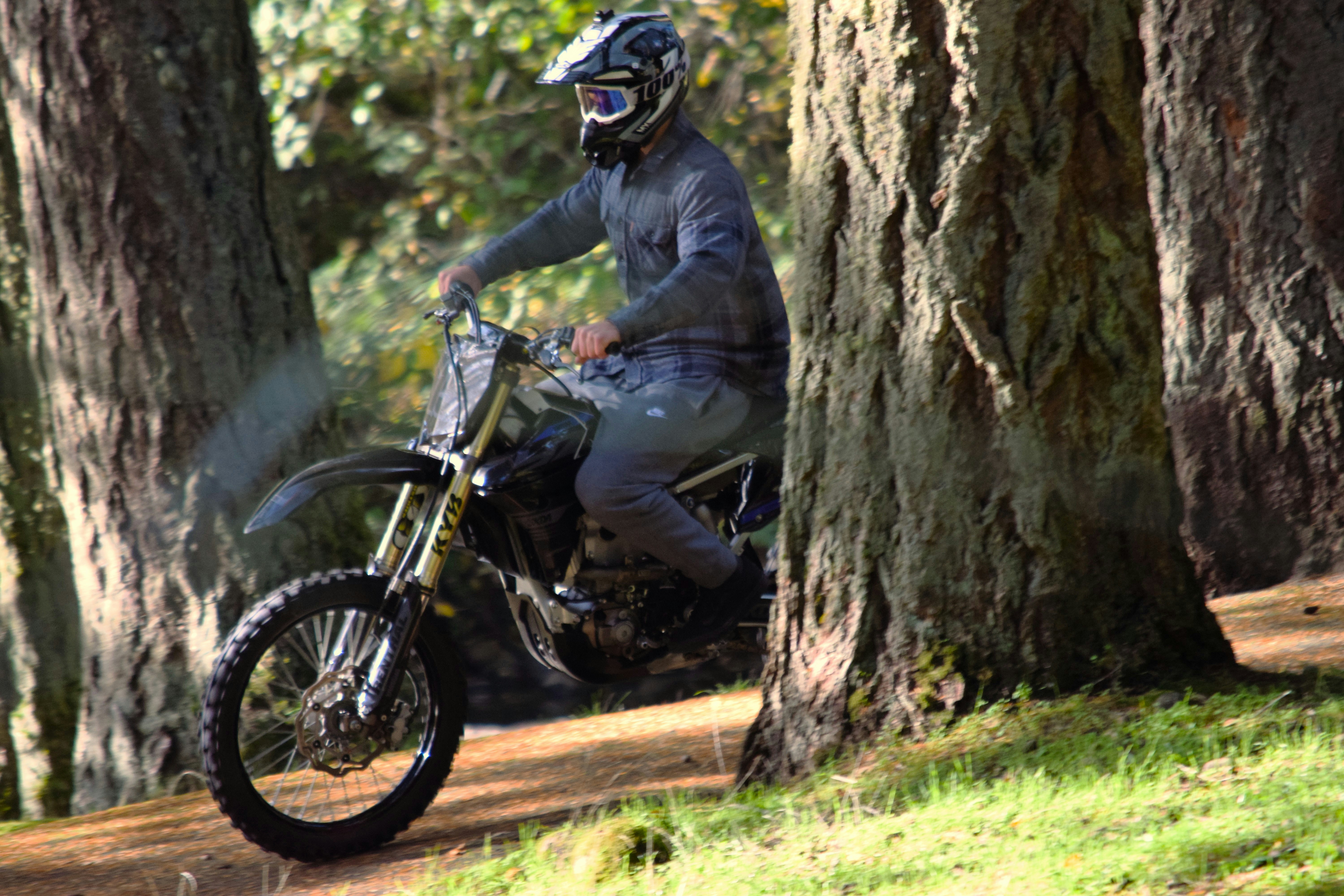 Forest Freeride: Helmeted Rider Navigates a Sunlit Pine Trail