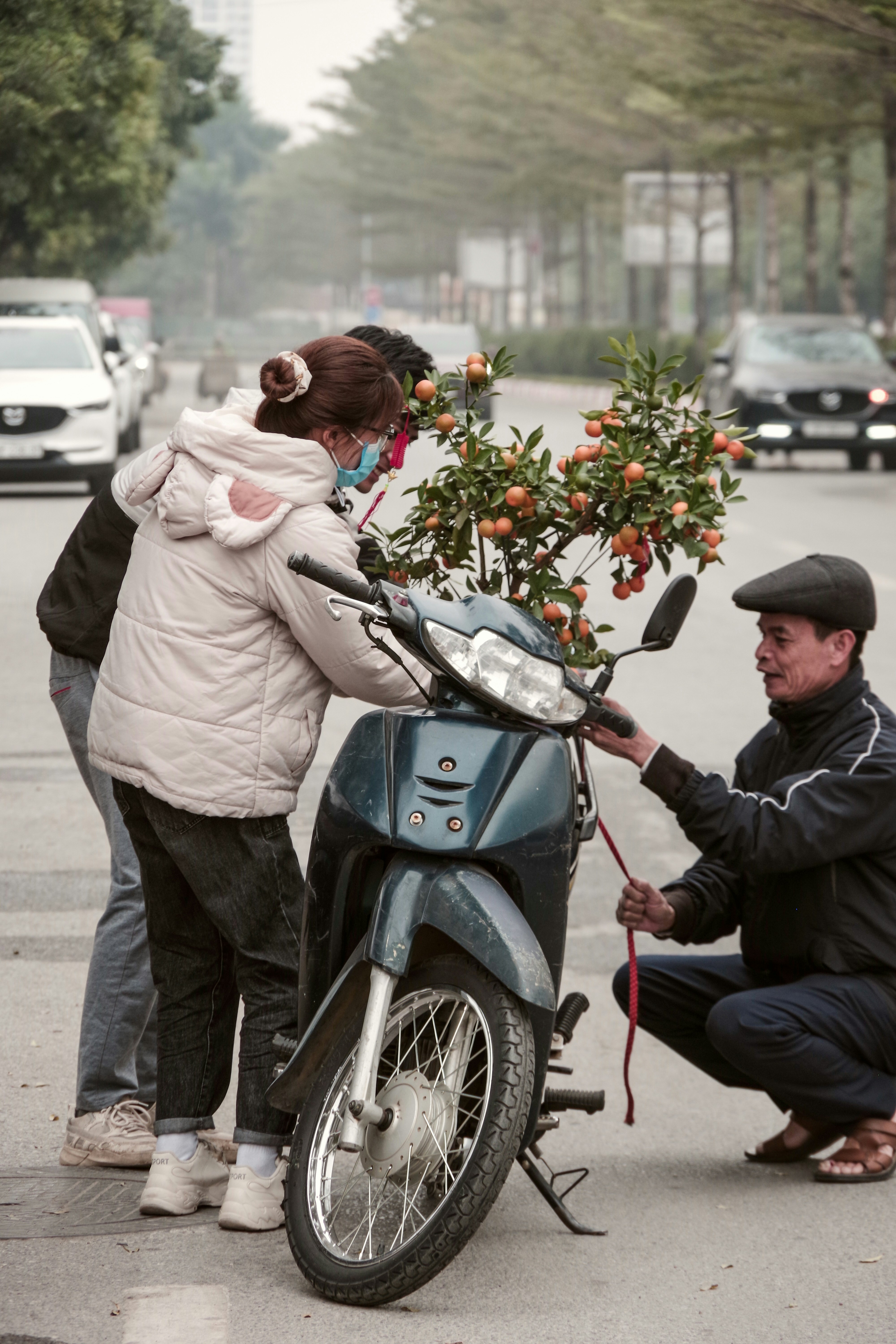 Community Moment: A Street Vendor’s Orchard as Vehicles Pass by