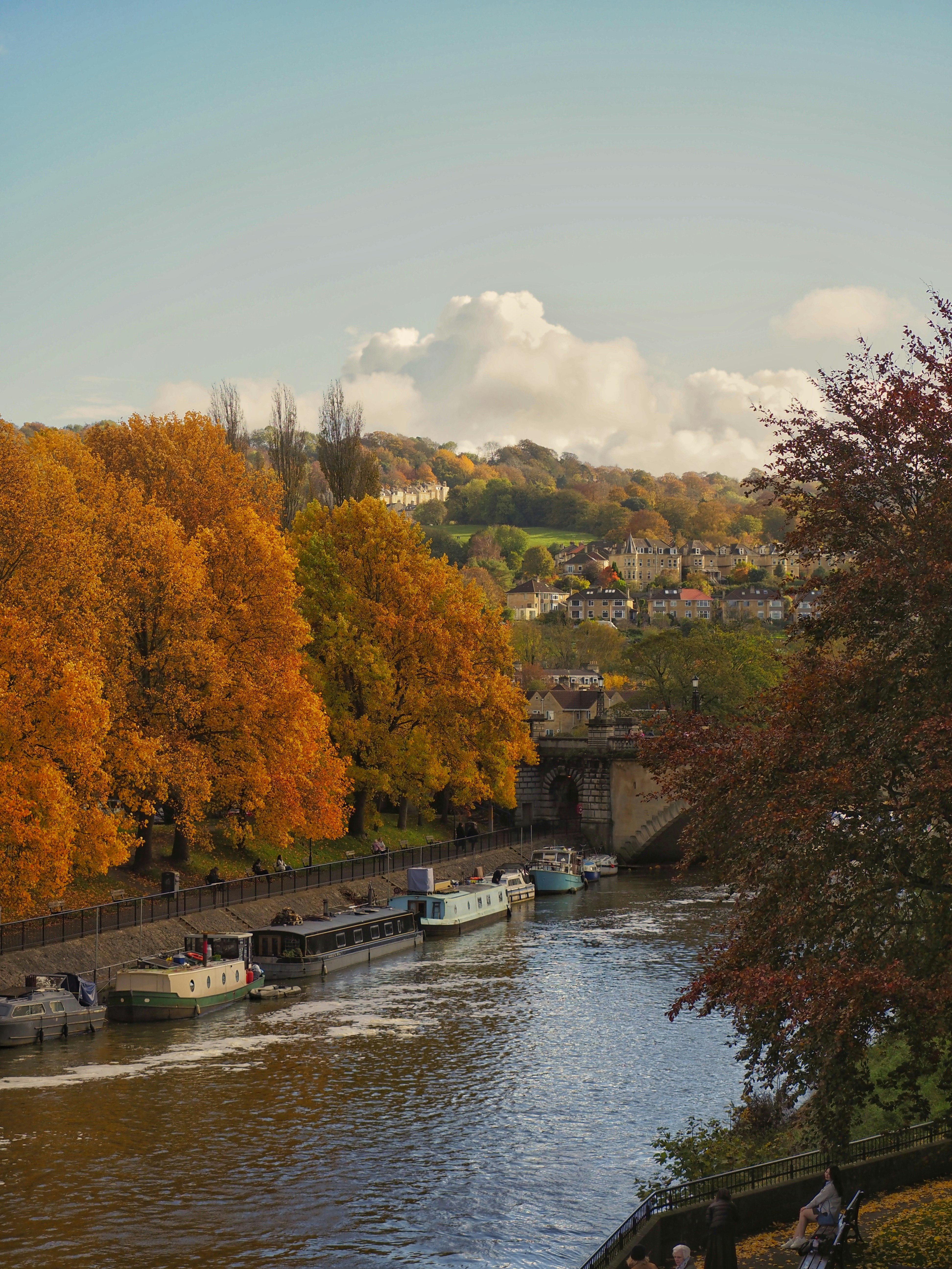 Autumn trees with vibrant foliage line the River Avon, with boats gliding by and a clear sky above.