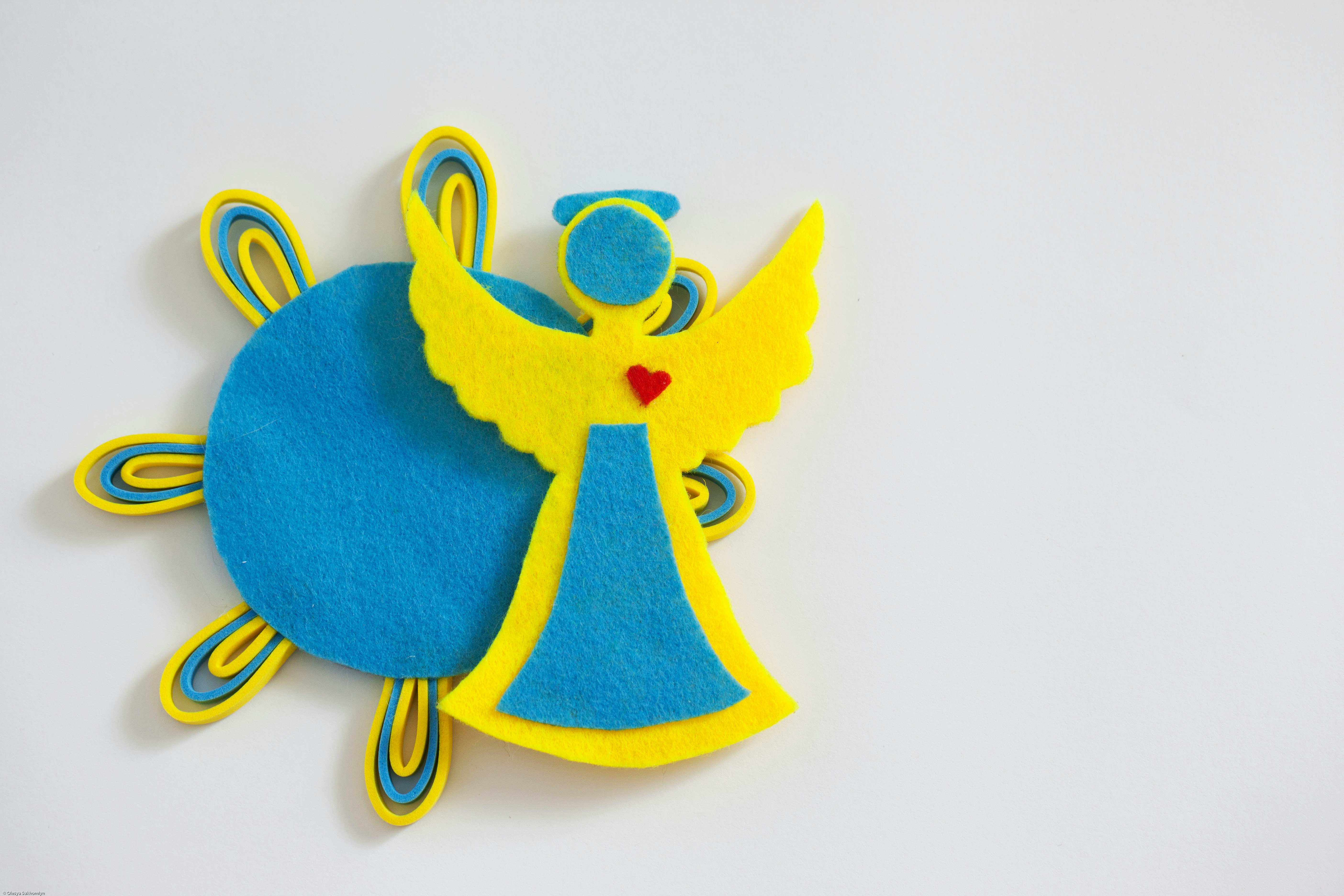 Blue-Yellow Felt Angel Ornament on White Backdrop