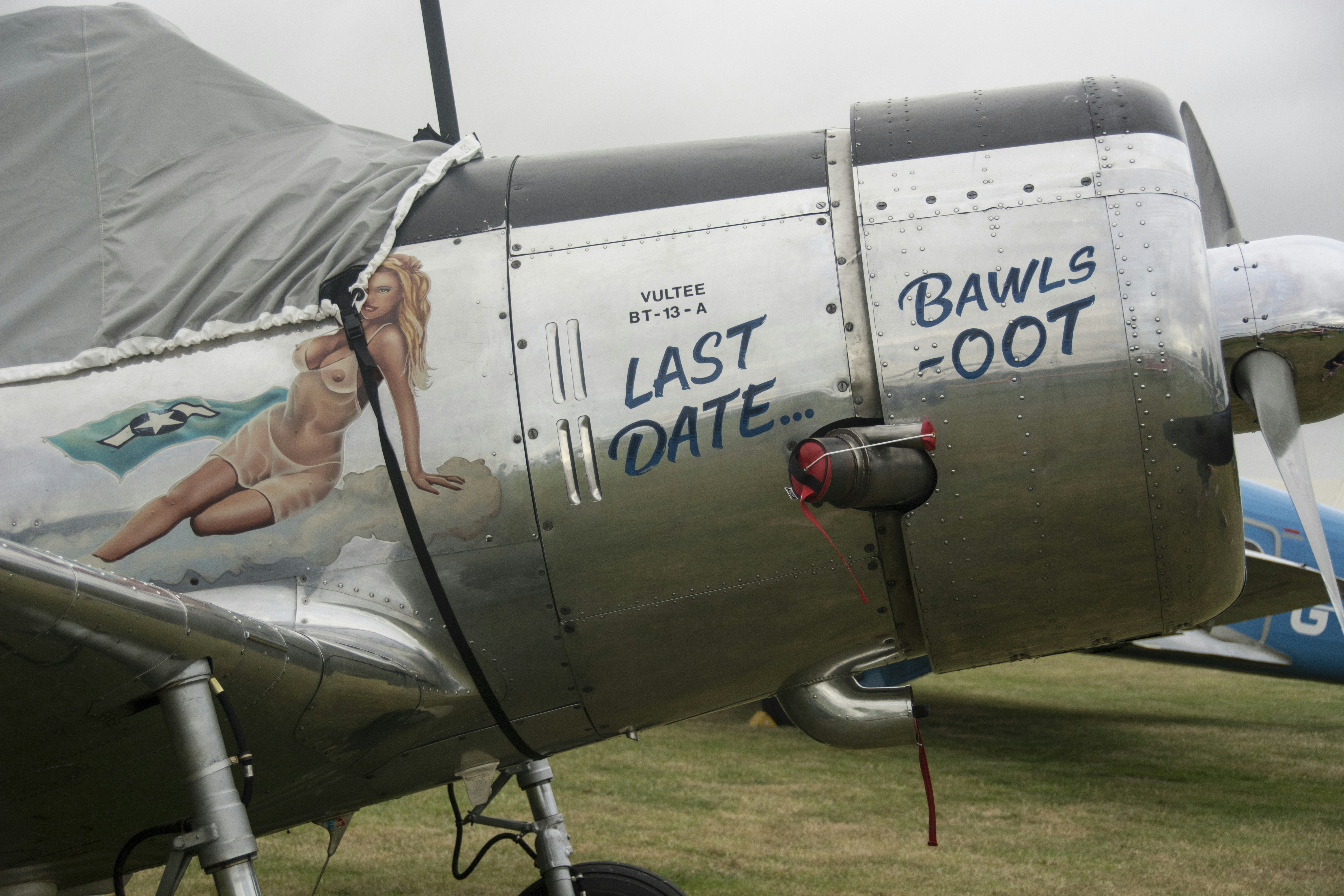 Pin-Up on a Weathered Warbird: Chrome, Canvas, and Grass