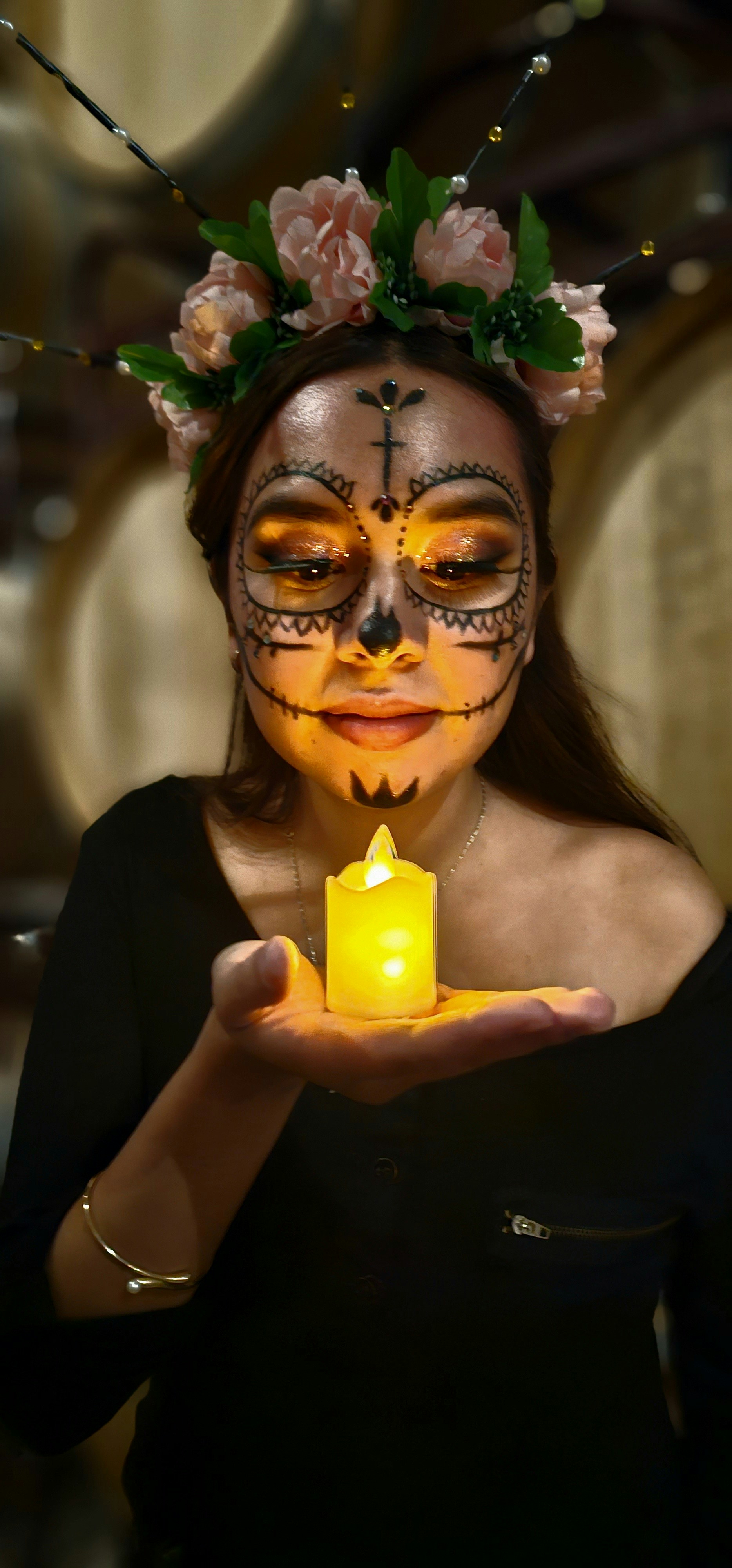 Candlelight Crown: Sugar Skull Portrait with Floral Halo