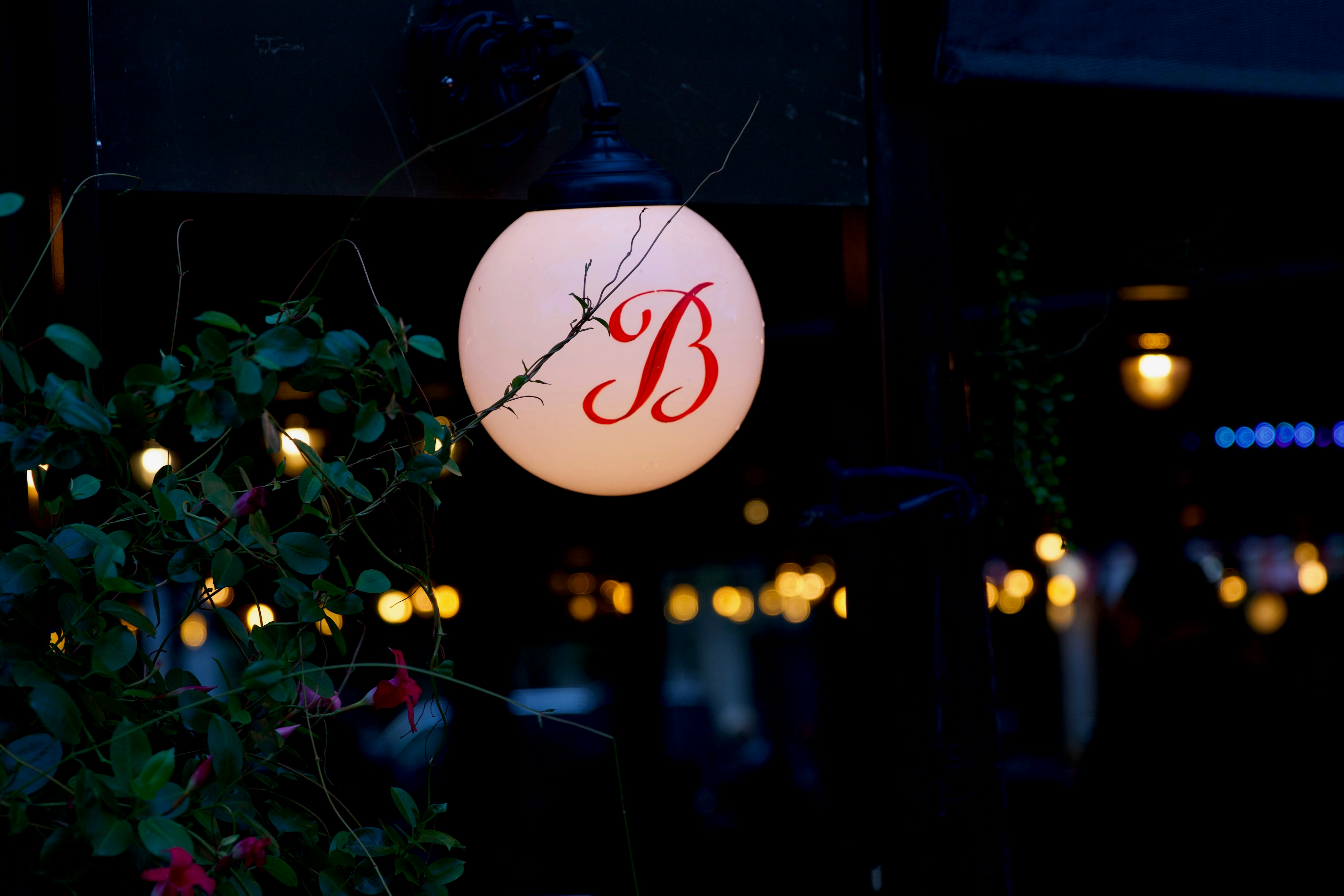 Red B Lantern in a Velvet Night Market Glow