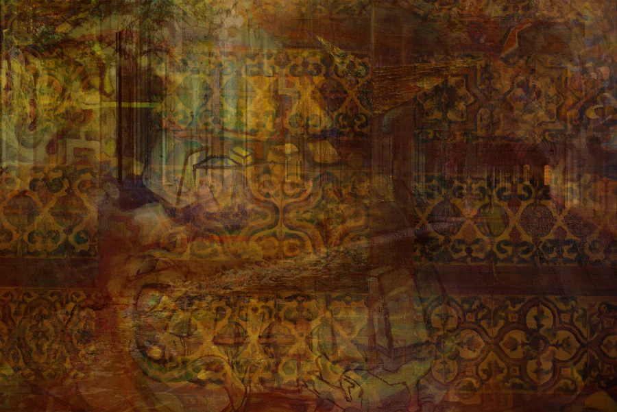 Layered abstract composition with ornate patterned textures in warm brown, gold, and amber tones. Soft overlapping shapes and ghosted forms create a moody, dreamlike surface.