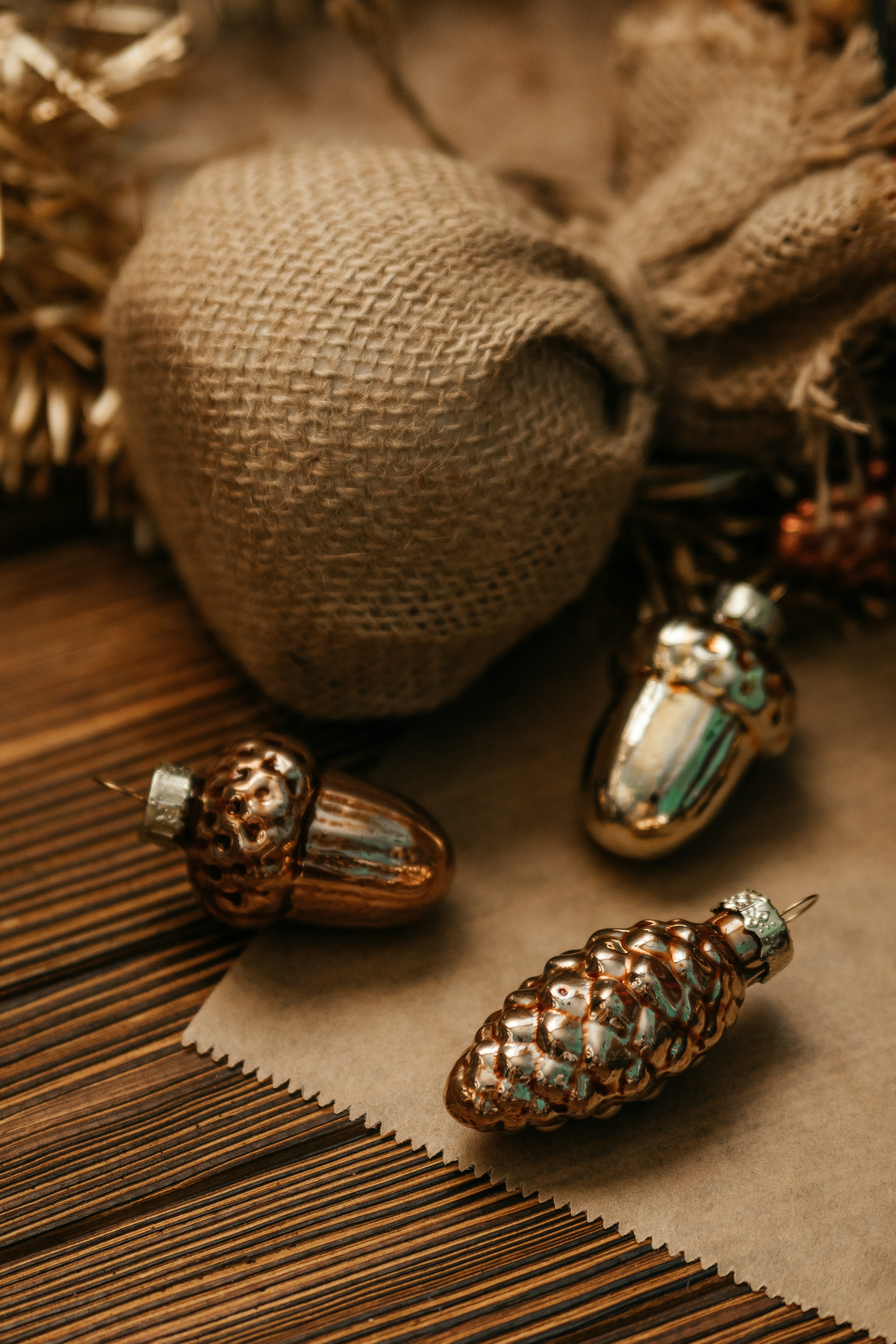 Copper Pinecones on Burlap: A Quiet Holiday Still Life