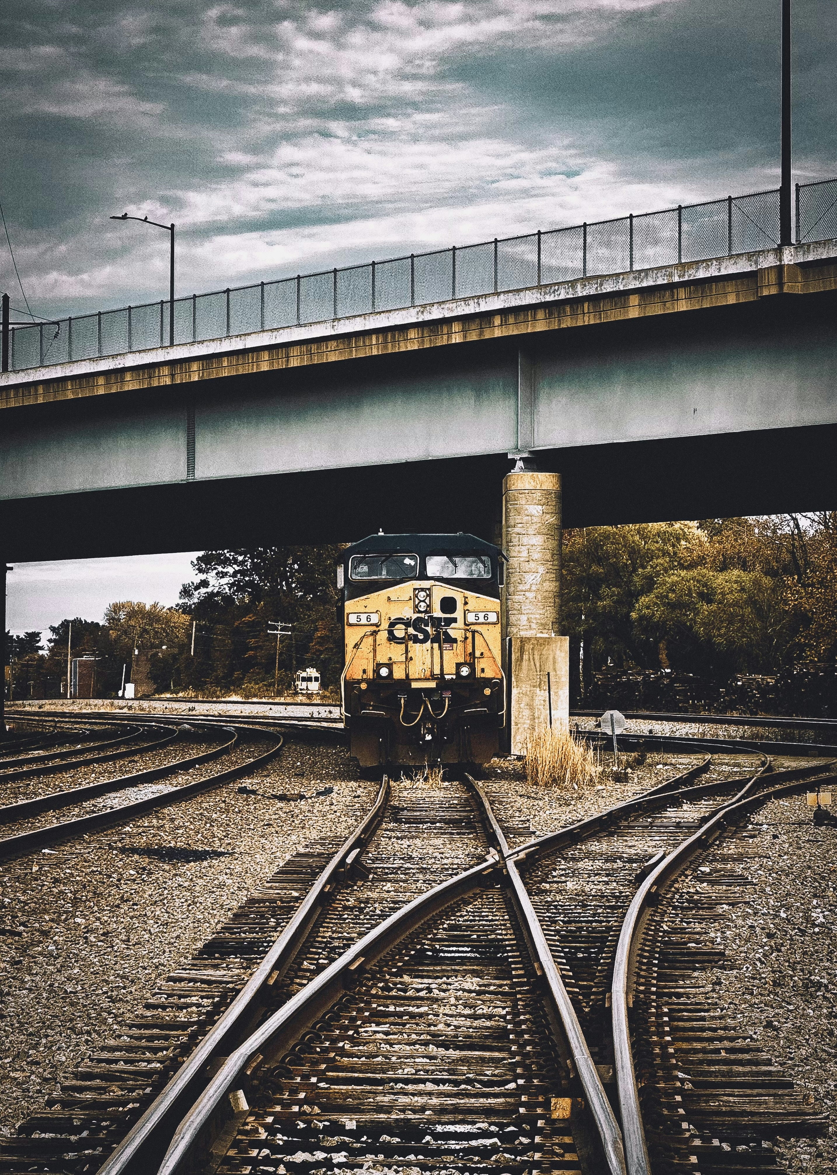 A yellow train traveling down train tracks under a bridge photo – Free ...