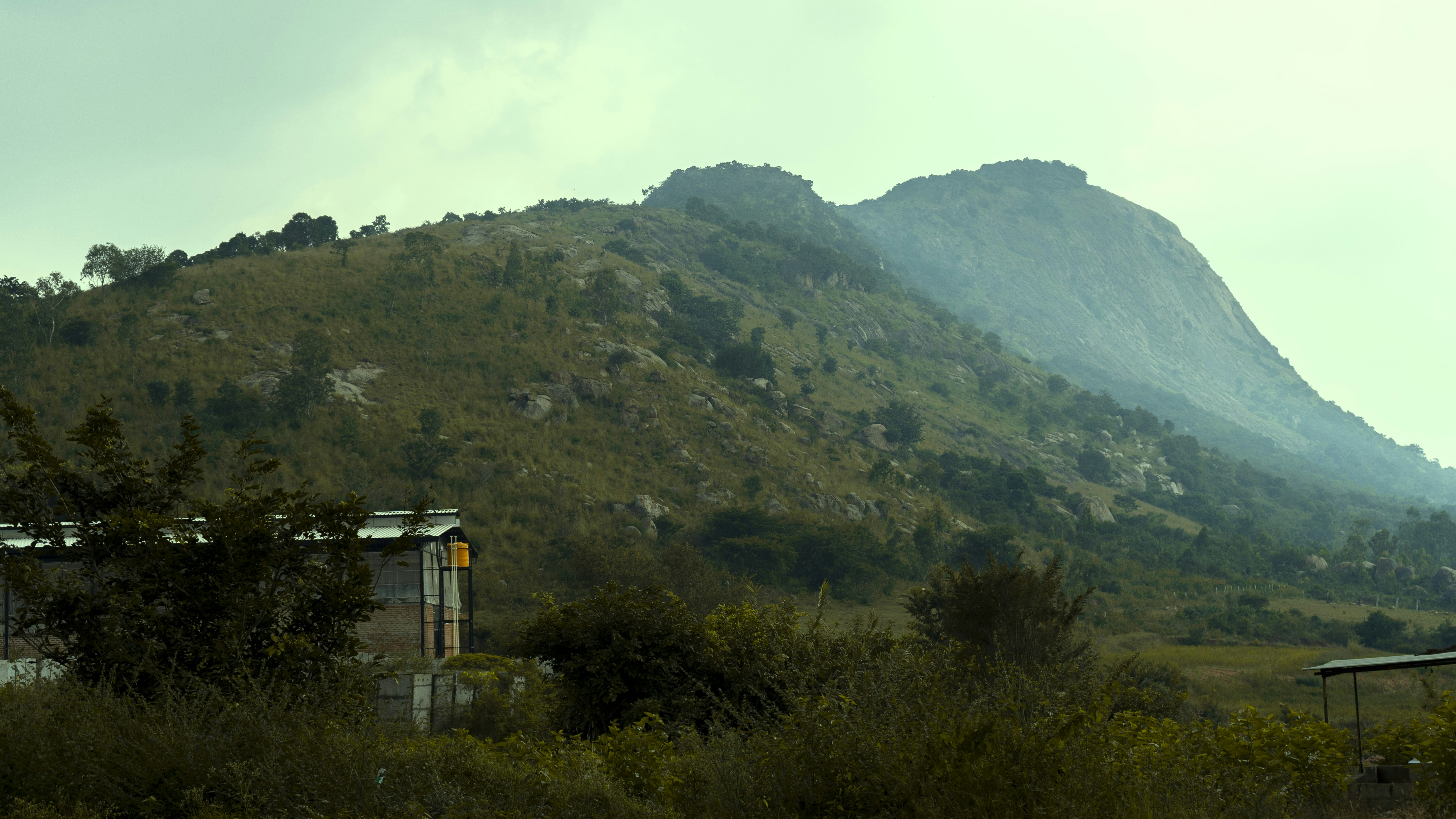 A rugged hillside shrouded in mist, with a weathered structure at the forefront, suggesting a story of time and nature's embrace.