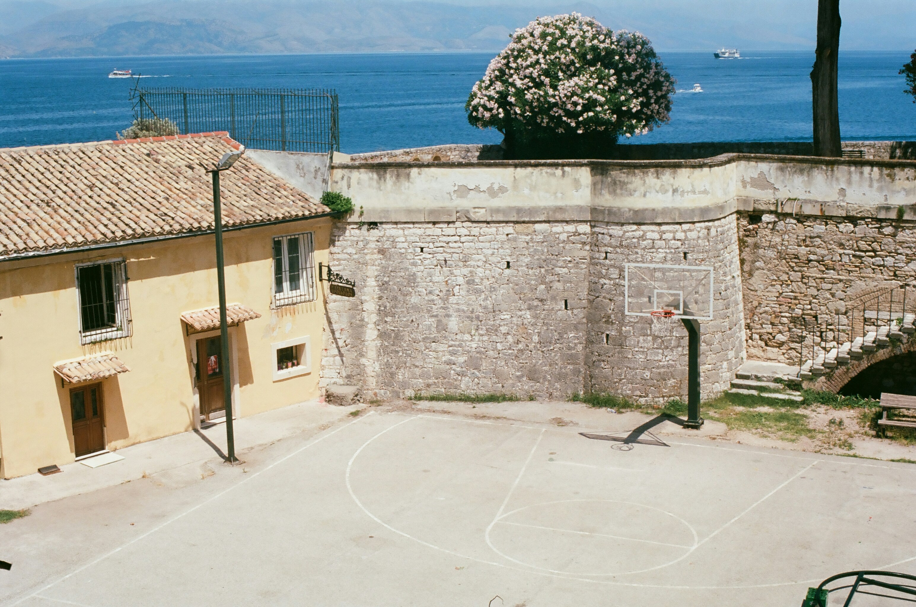 Sunlit basketball court tucked between a stone wall and a yellow house, with the sea beyond and a flowering tree anchoring the scene.