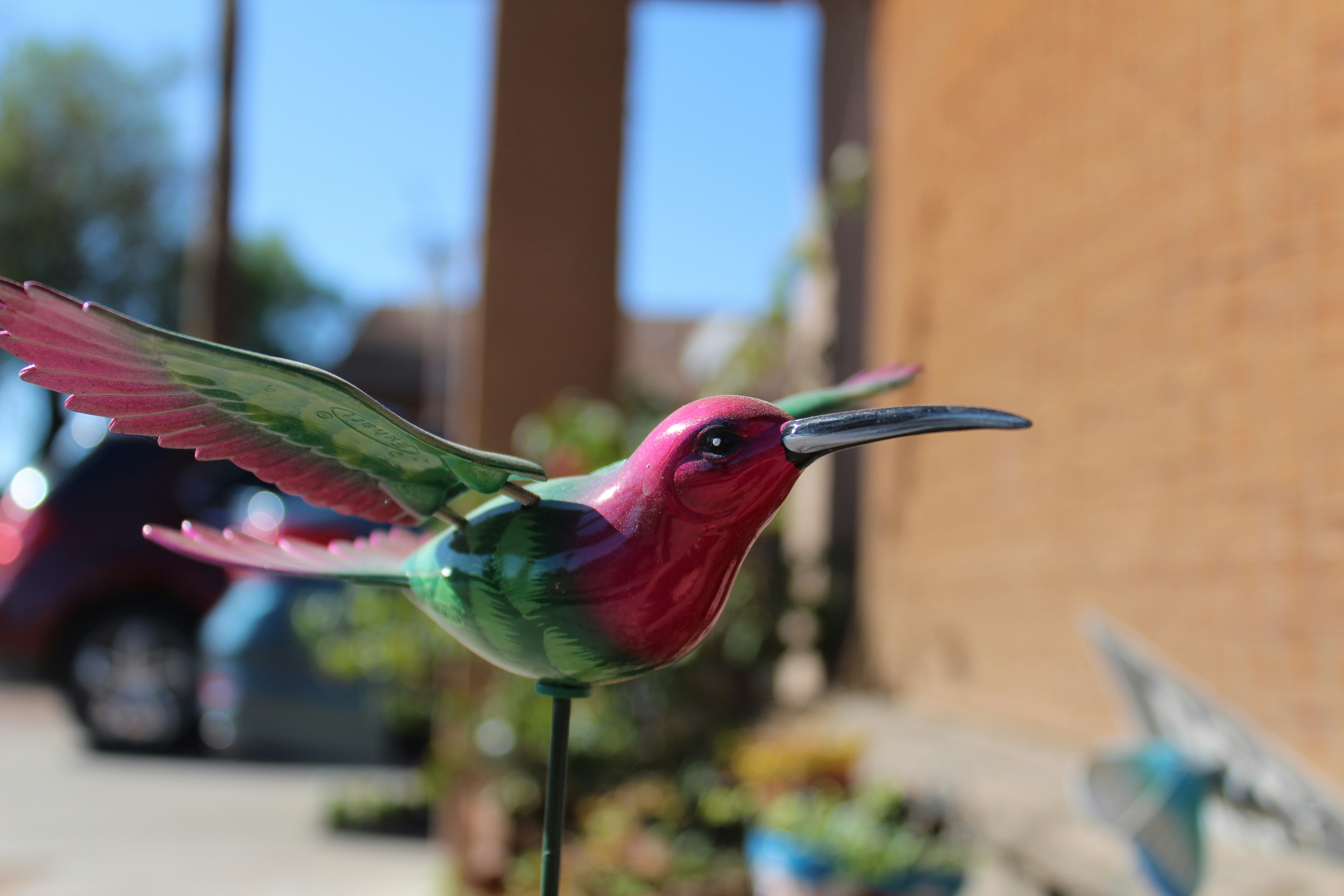 Colorful hummingbird sculpture with outstretched wings in a sunlit yard