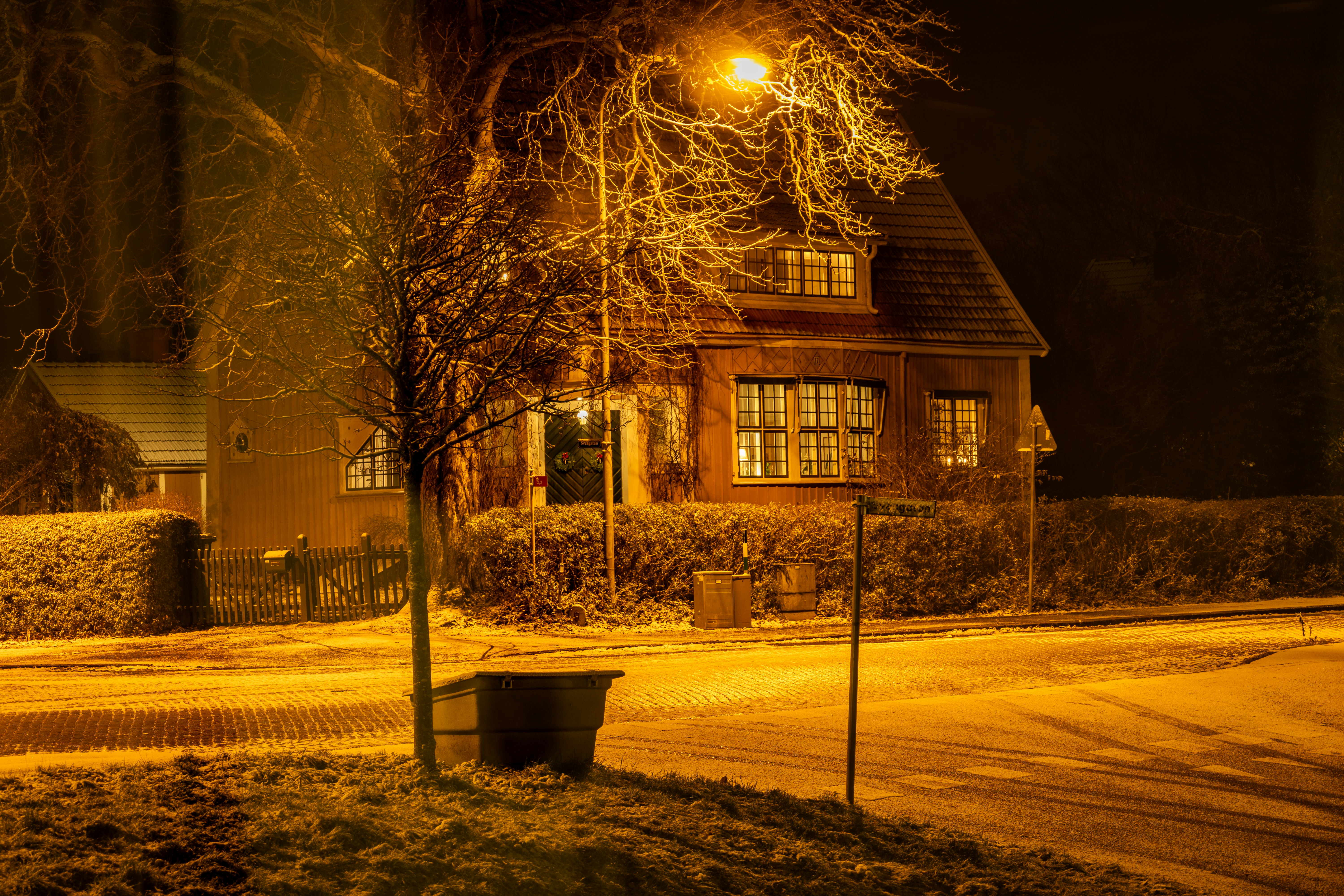 Warm Streetlight Evening: Quiet Suburban House under Amber Glow