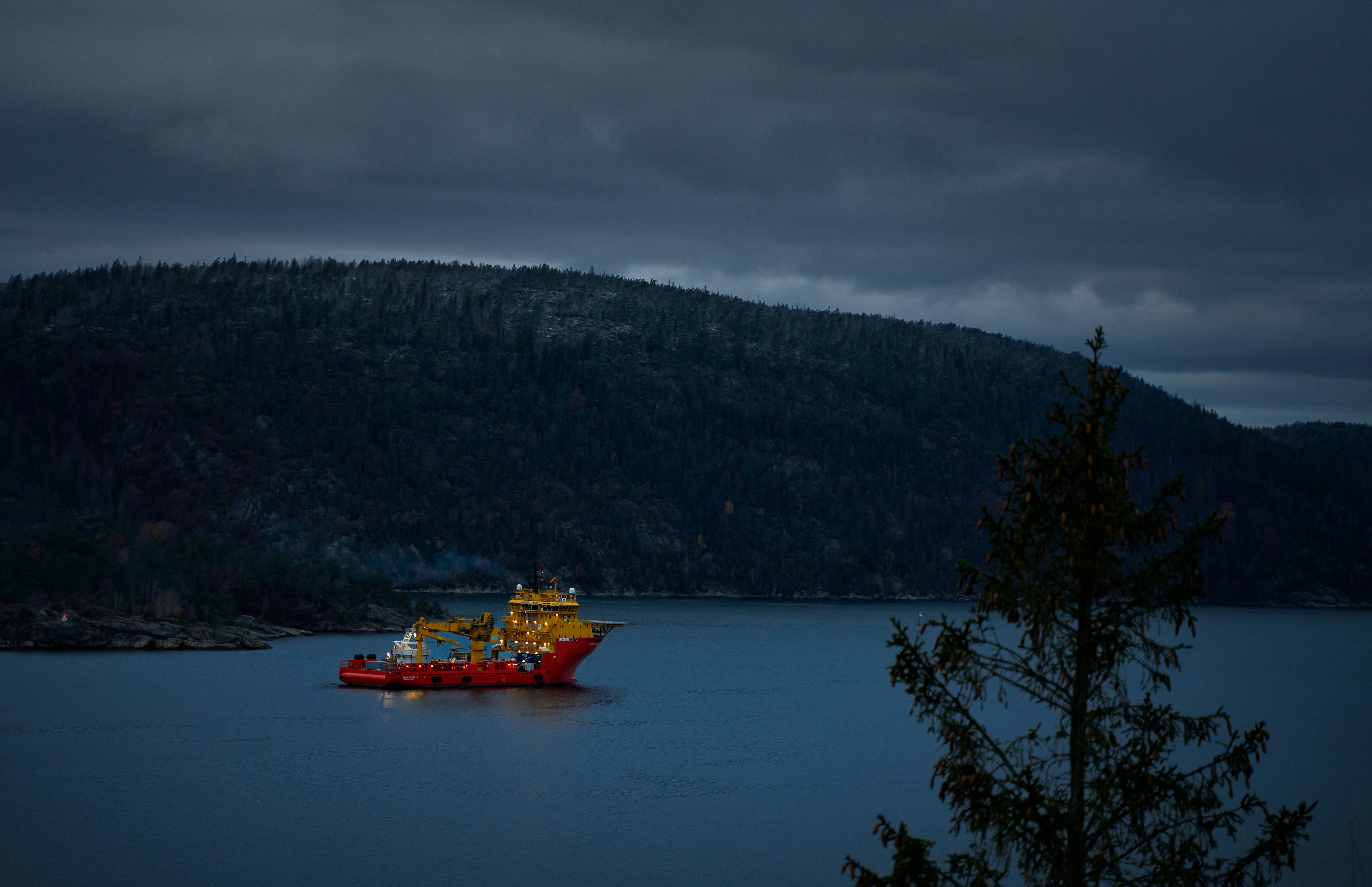 A brightly lit ship navigates through calm waters under a twilight sky, framed by a silhouette of trees and distant hills.