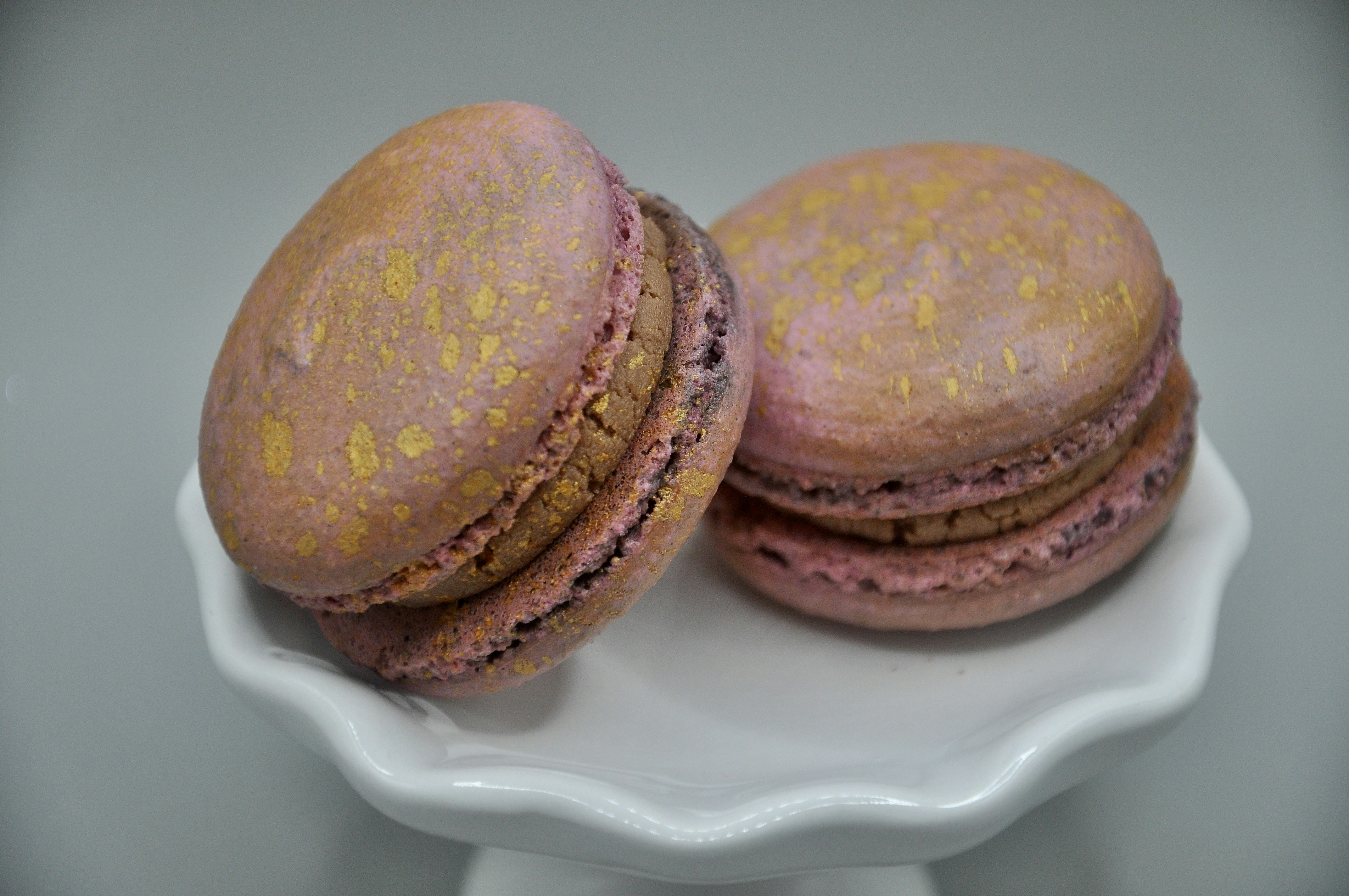 Two pink and yellow macaroons on a white plate photo – Free Tx Image on ...