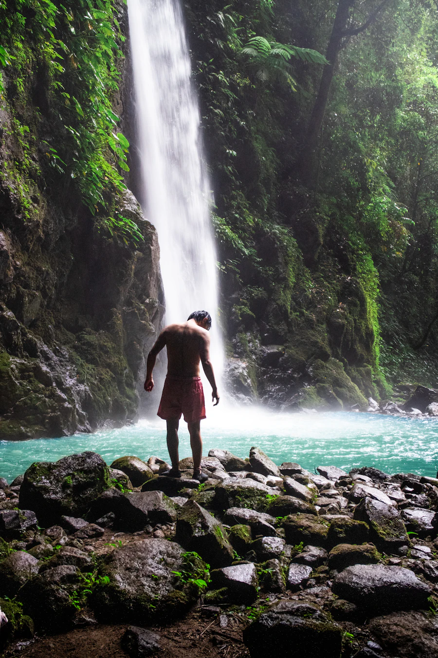 A man stands on wet rocks in front of a tall waterfall pouring into a turquoise pool, surrounded by dense green jungle. Mist rises at the base of the falls.