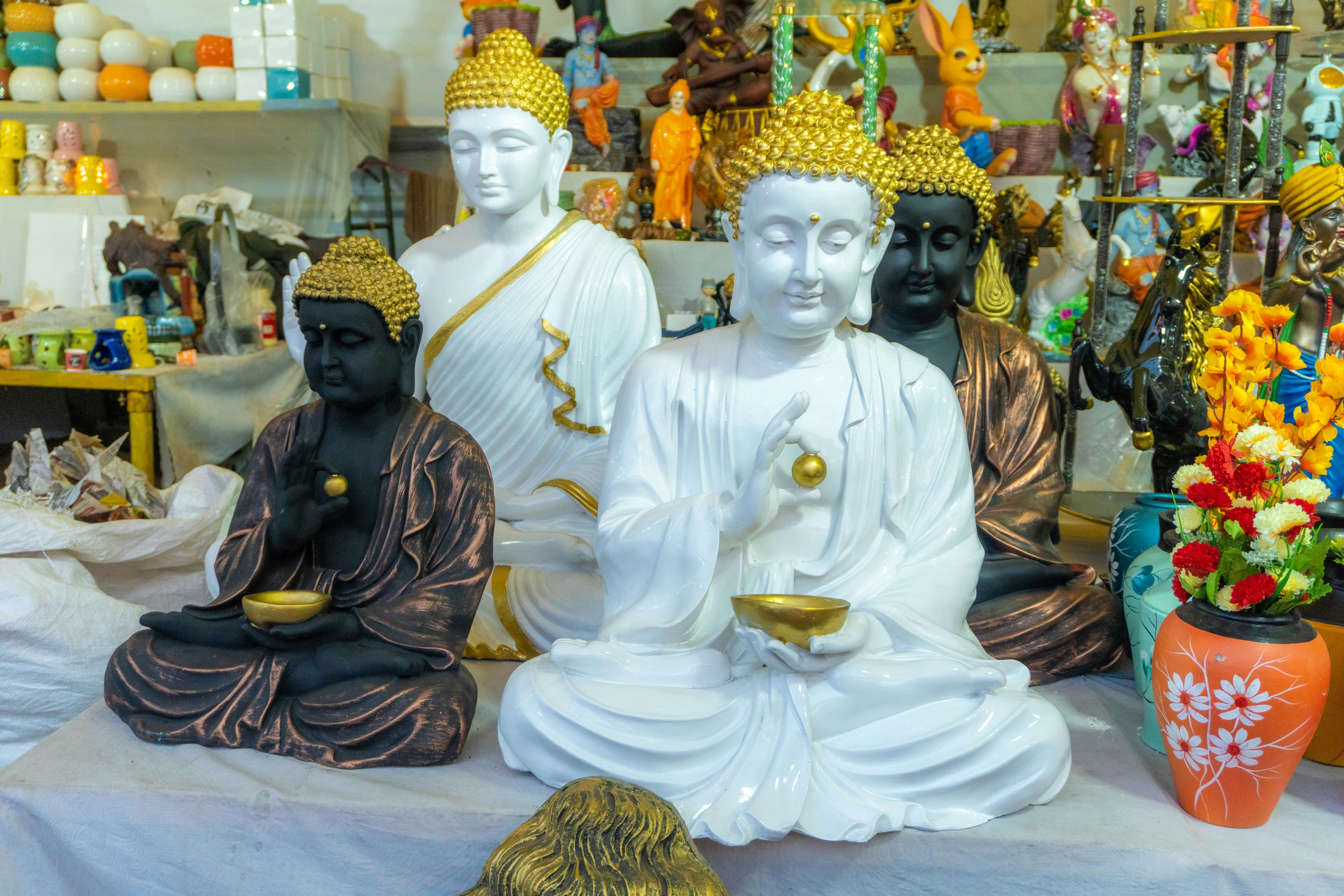 White-Glowed Serenity: Central Buddha Surrounded by a Bazaar of Shrine Color