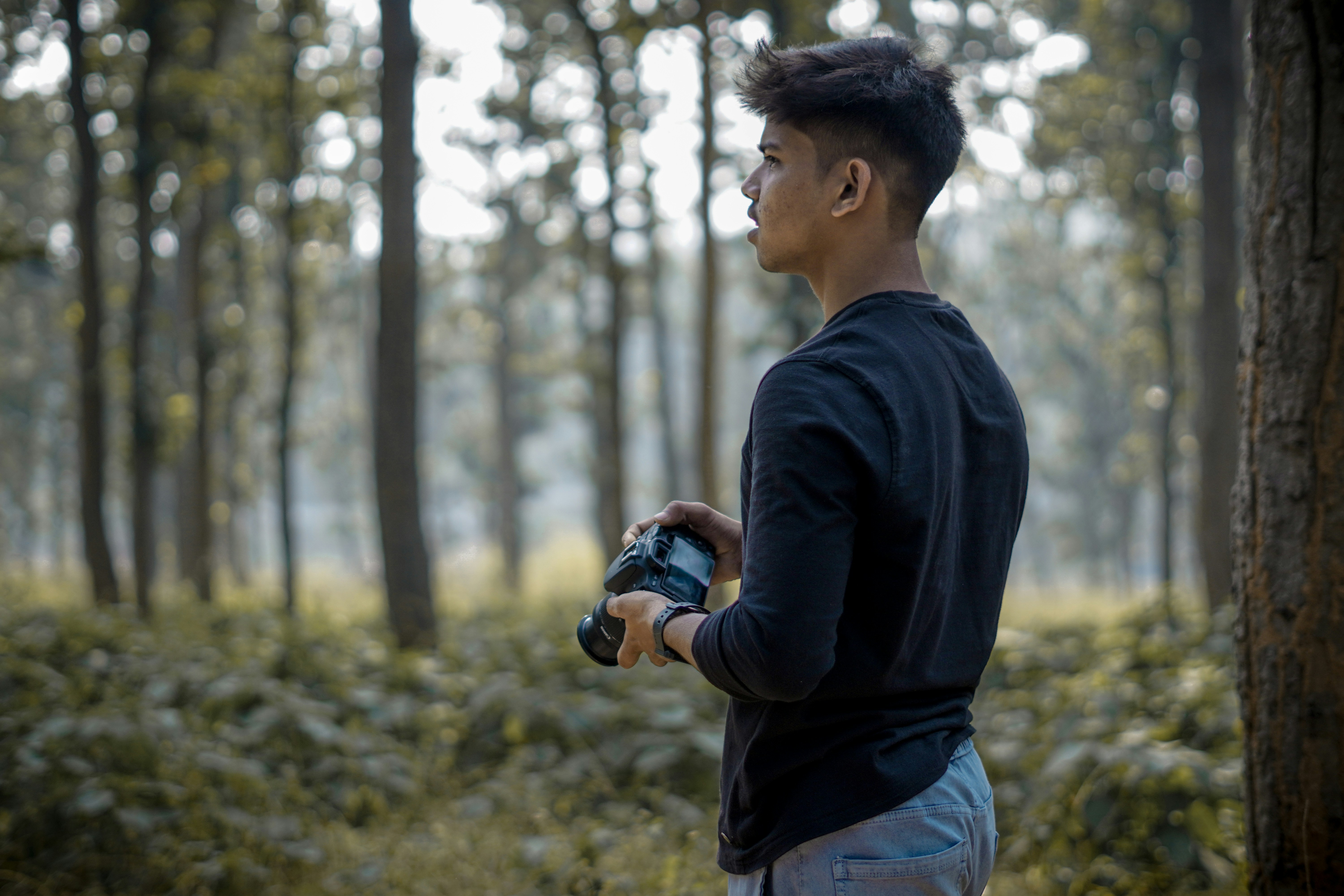 Between Trunks: A Photographer Pauses with a Camera in the Quiet Woods