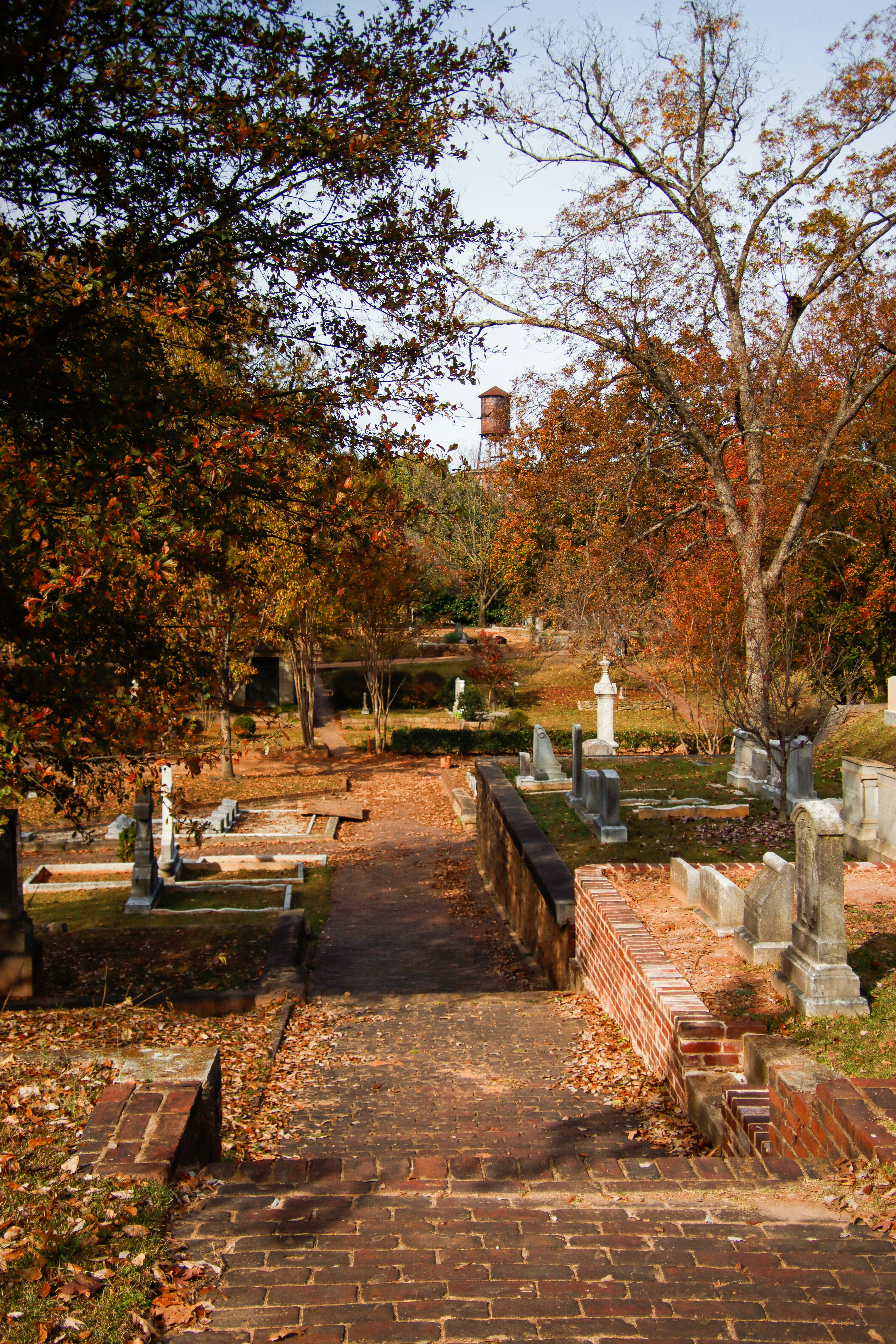 Autumn Aisle: Brick Path Through a Quiet Cemetery Fringed with Copper Leaves
