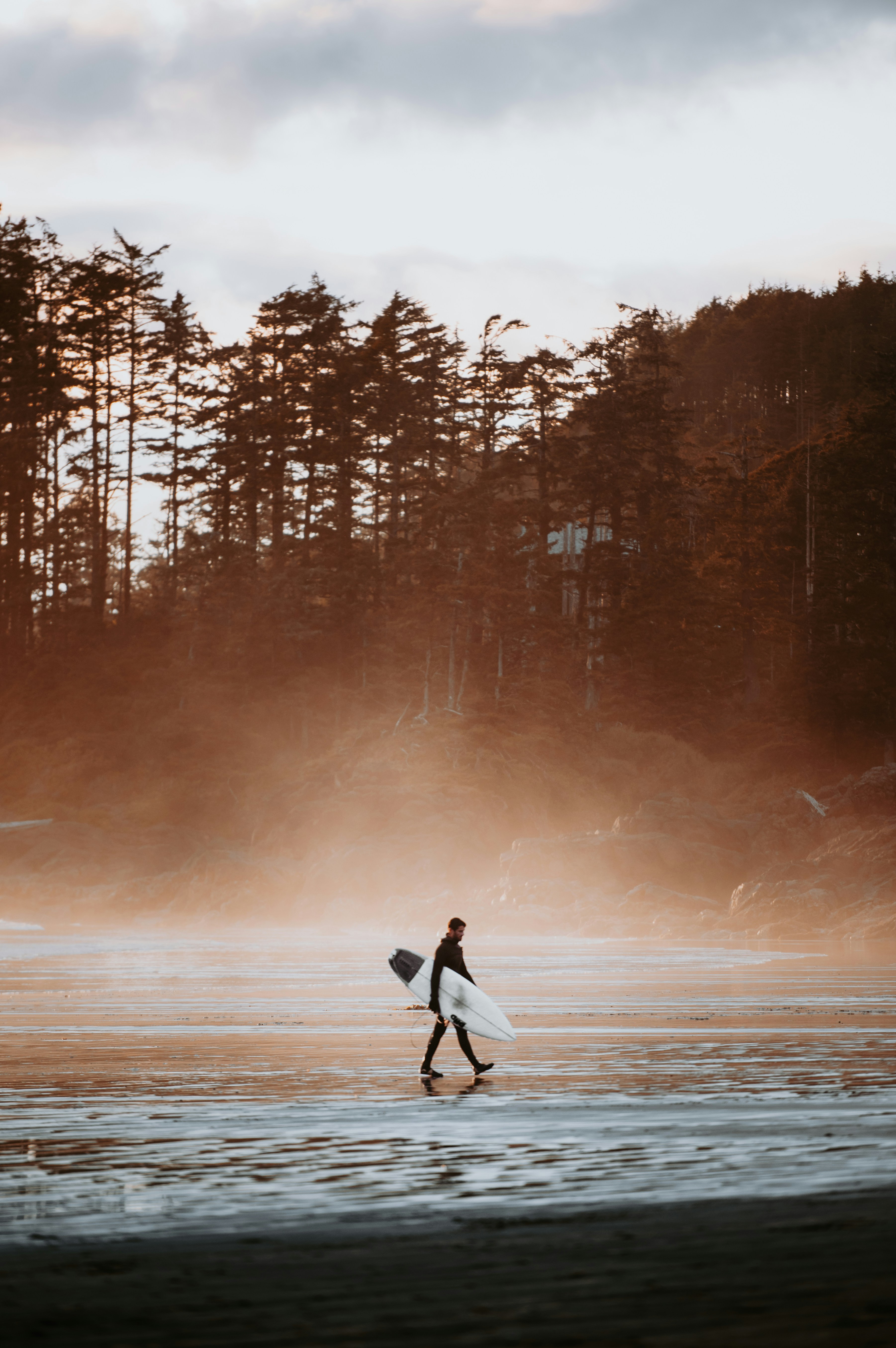 Surfer in the Mist: lone figure with a board on a frozen shoreline