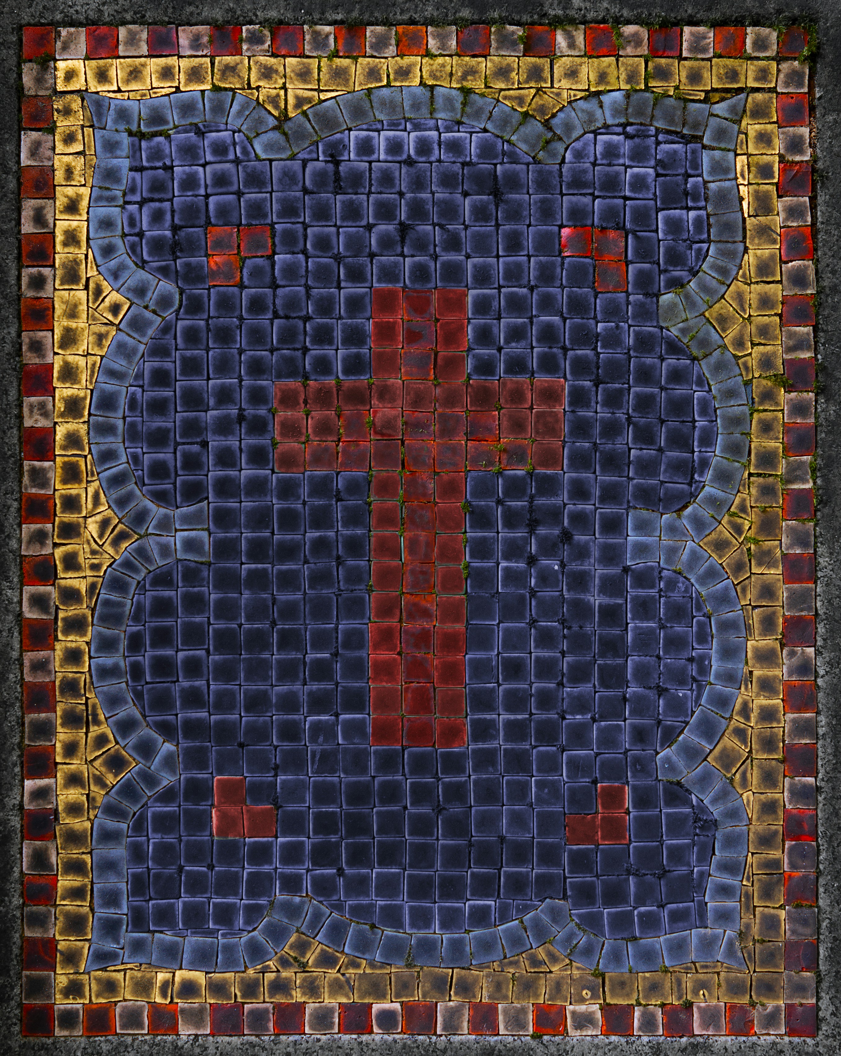 Cruciform in Blue: Red Cross at the Heart of a Velvet Mosaic Frame