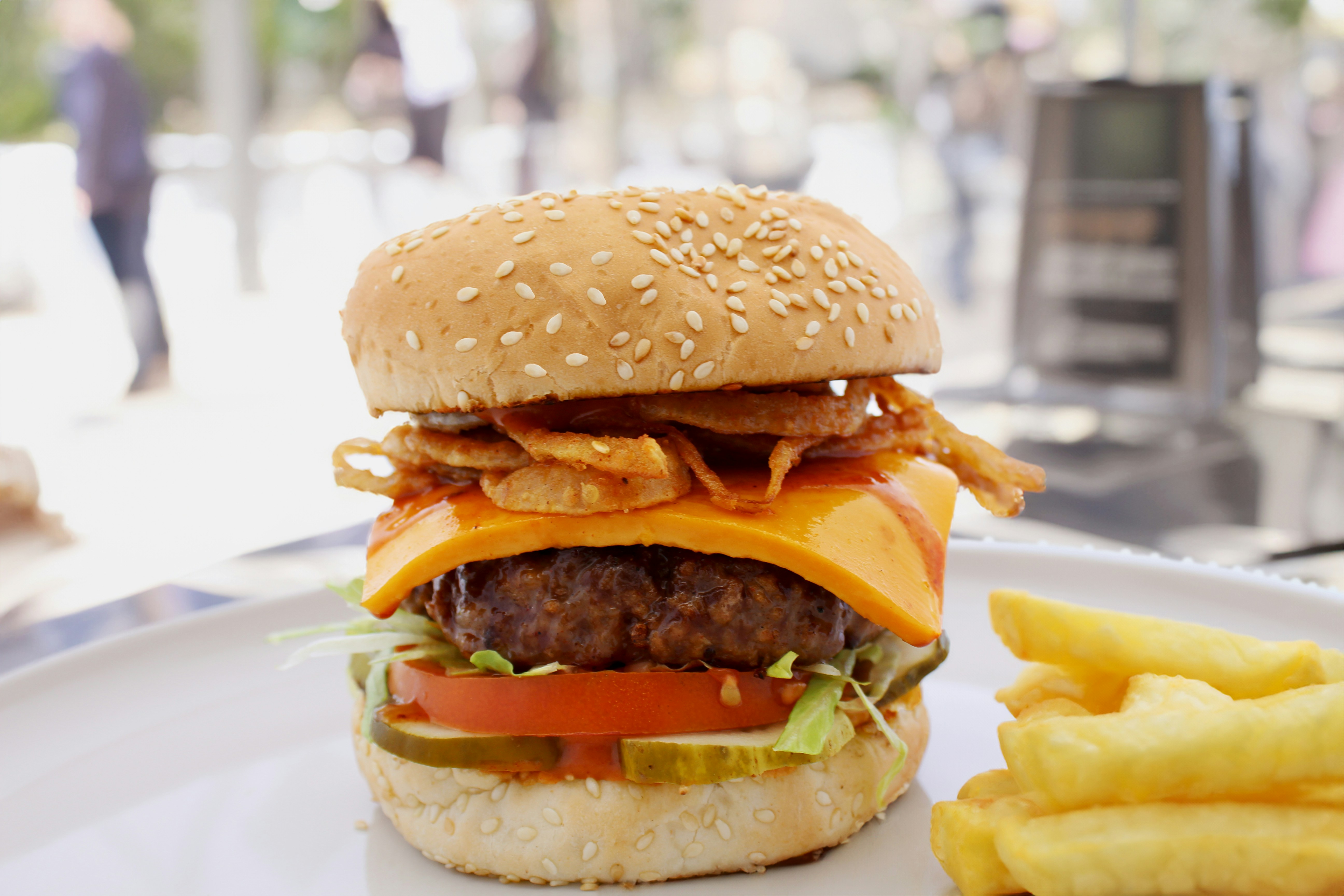 A hamburger and fries on a white plate photo – Free Burger Image on ...