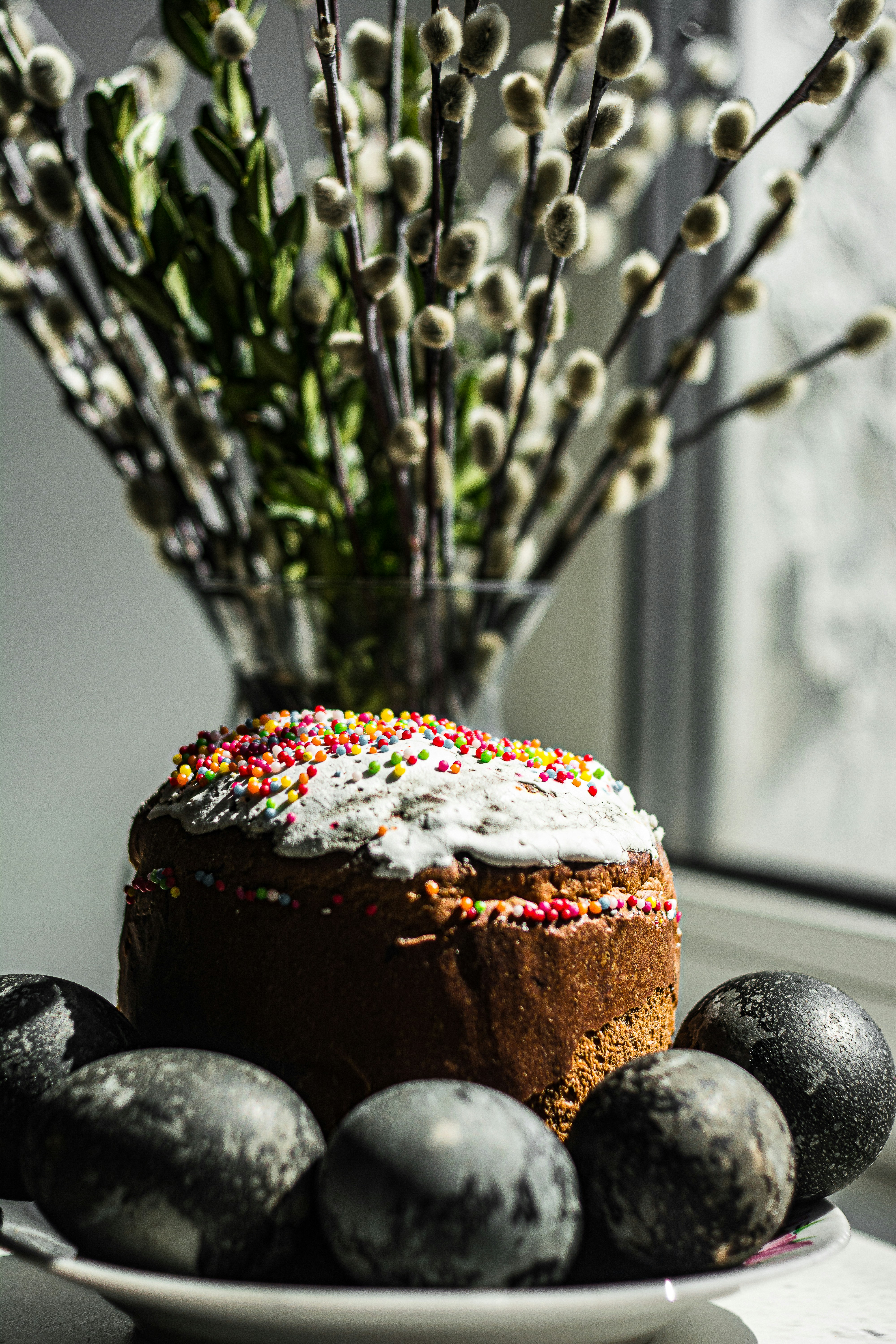 Centerpiece Frosting at the Window: Sprinkles, Shadows, and Pussy Willow