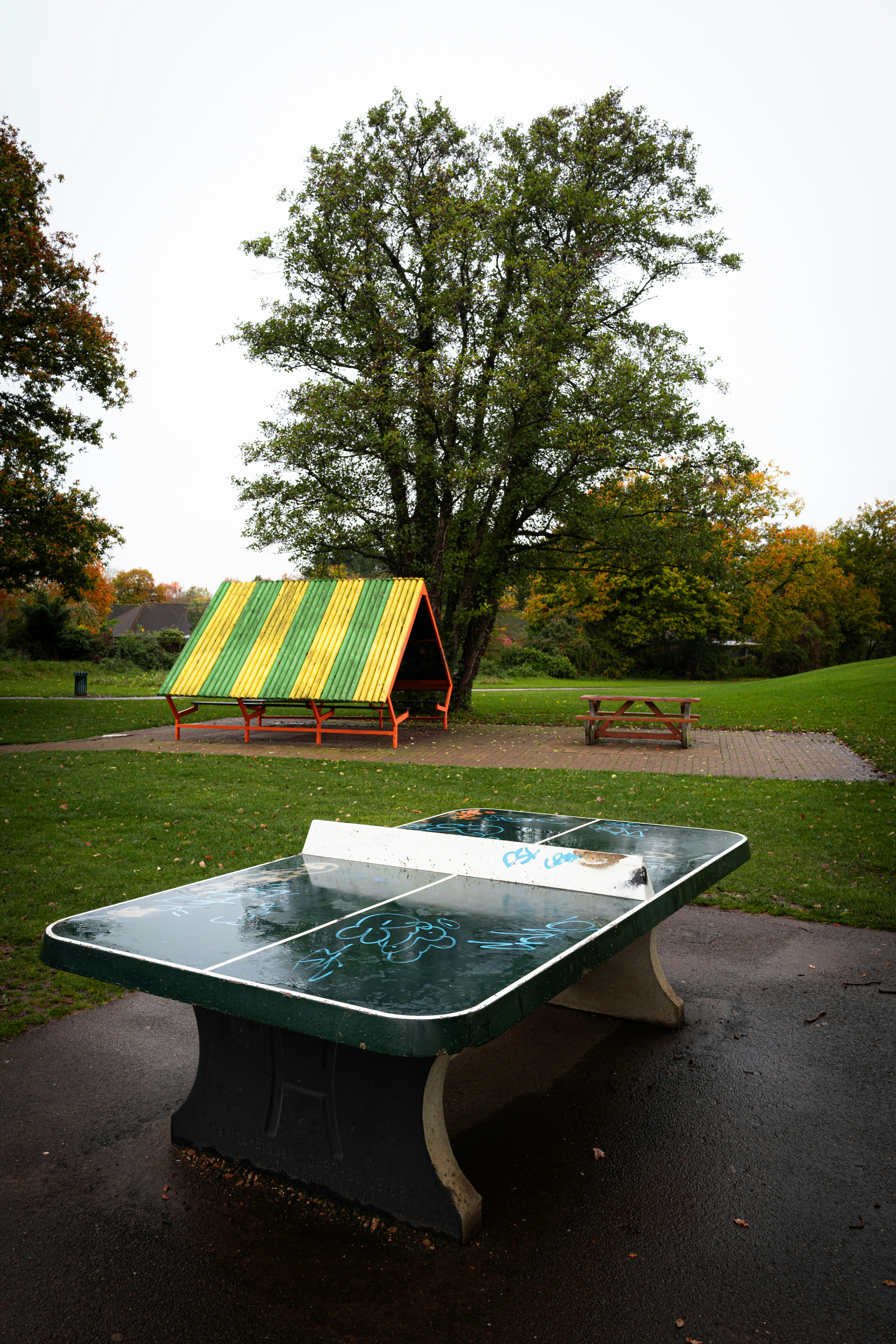 Graffiti-Touched Ping-Pong Table Beneath a Striped Shelter in Autumn Park