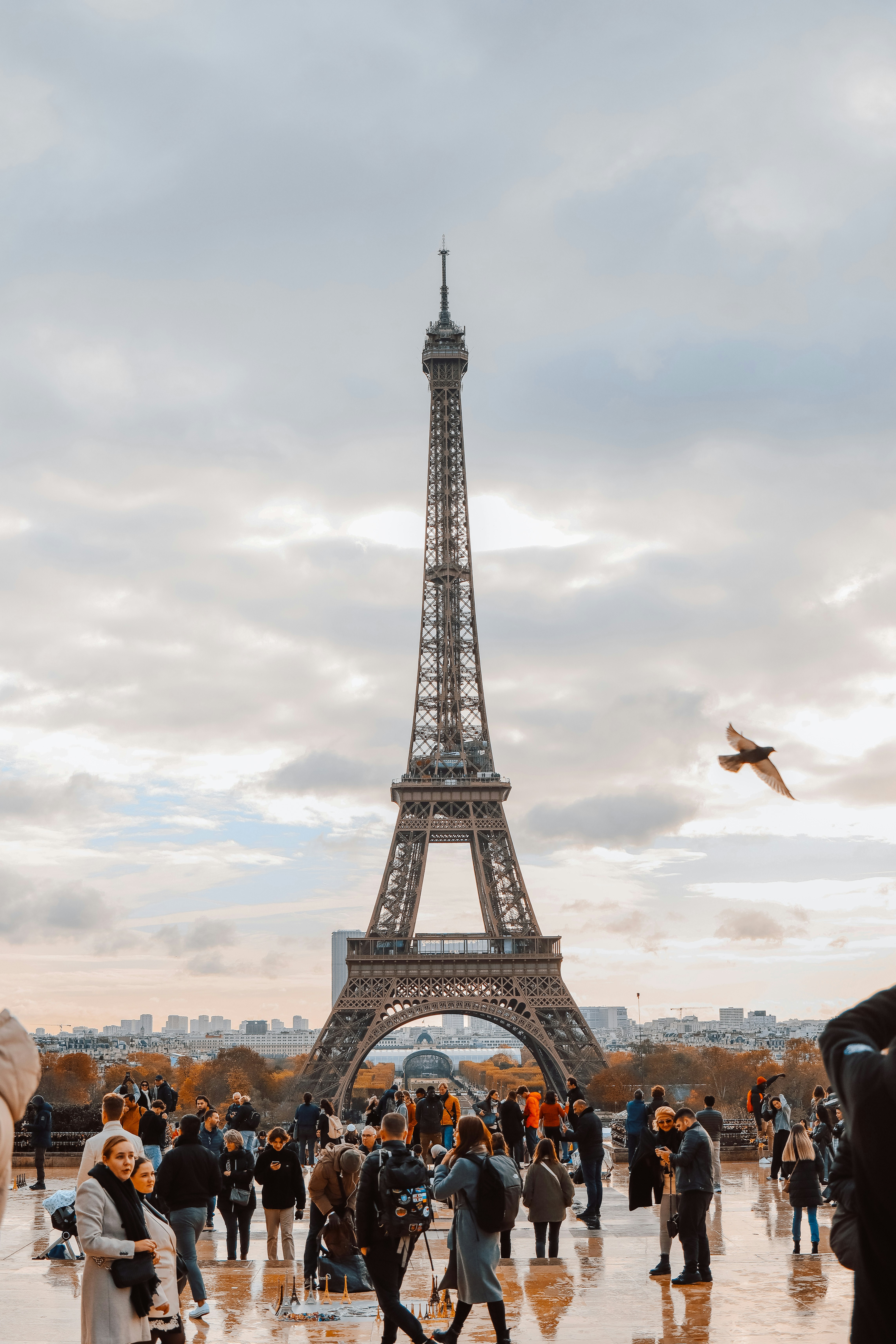 Dusk Beneath Iron Lace: A Crowded Stage at the Eiffel Tower