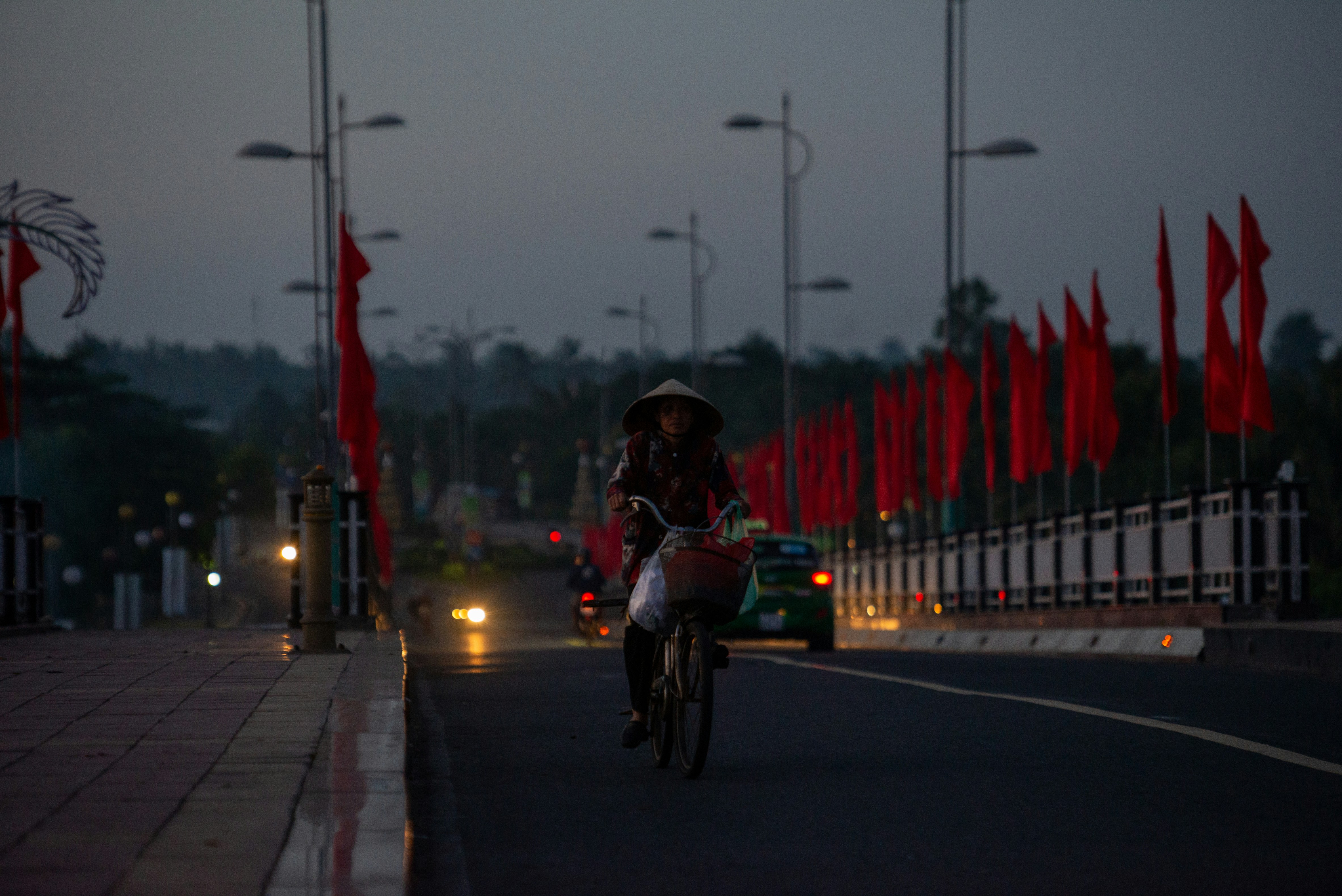 Midnight Cyclist Beneath a Corridor of Red Flags