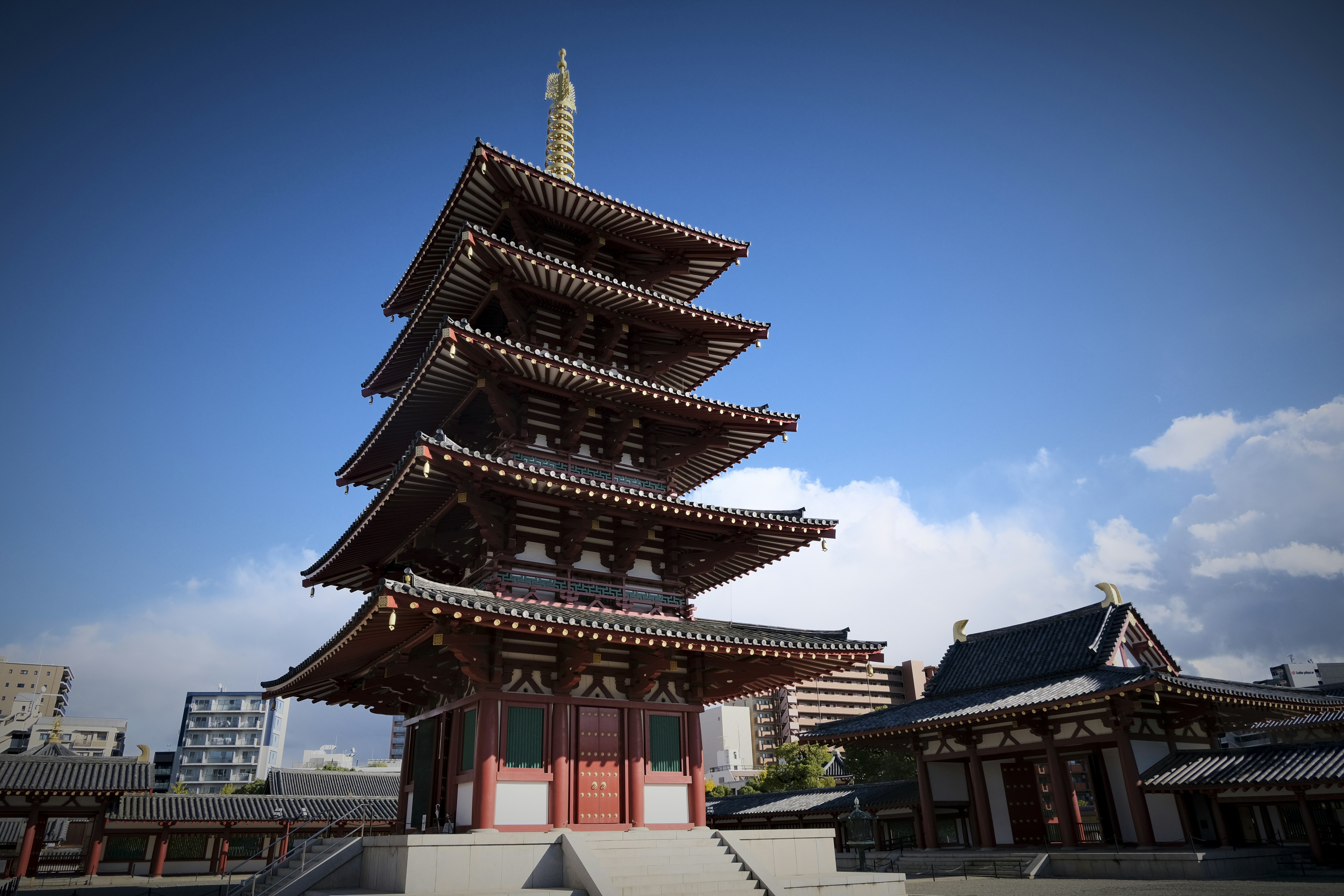Five-Tiered Pagoda Standing Tall in a Tranquil Temple Courtyard