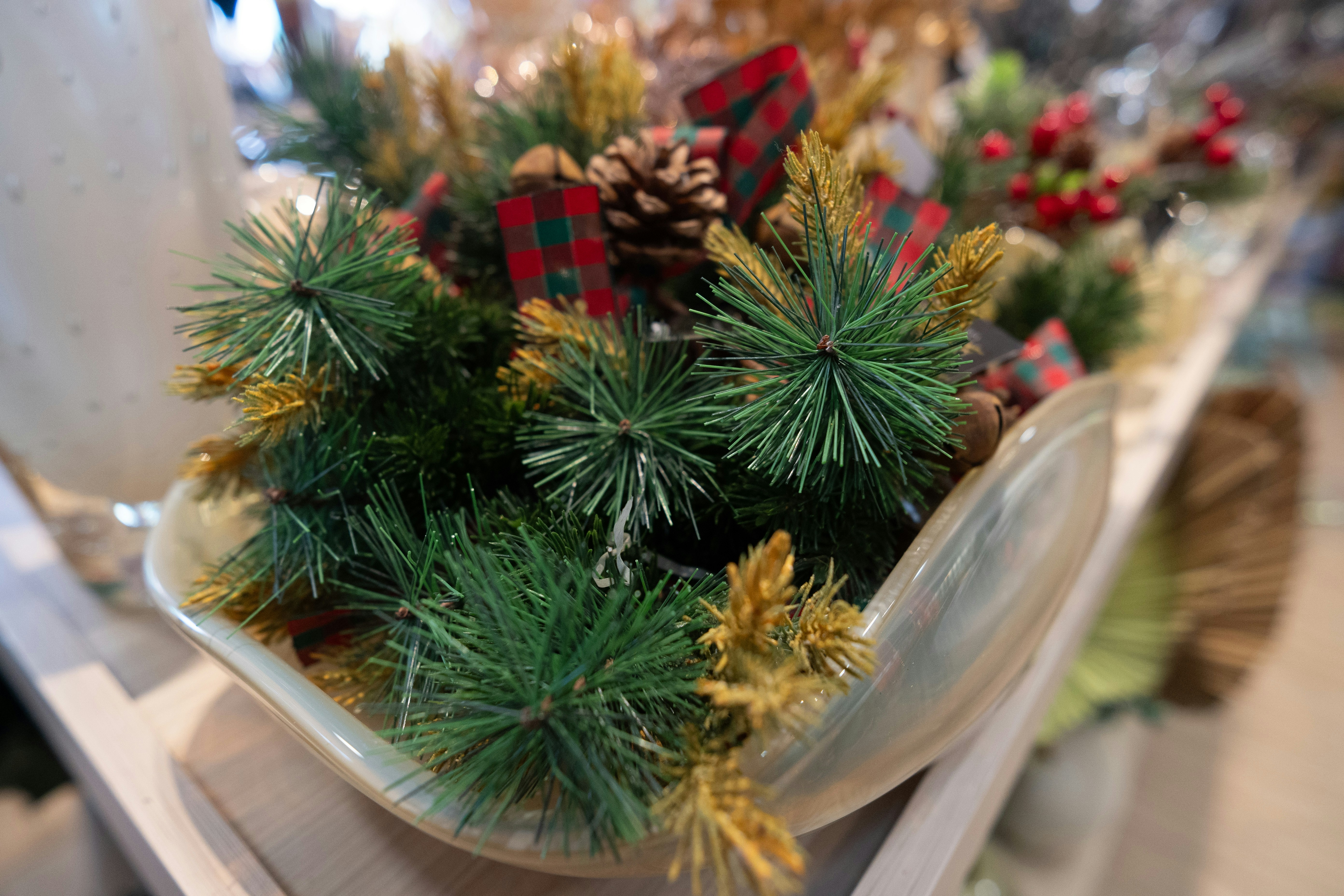 Festive Evergreen Centerpiece with Plaid Accents