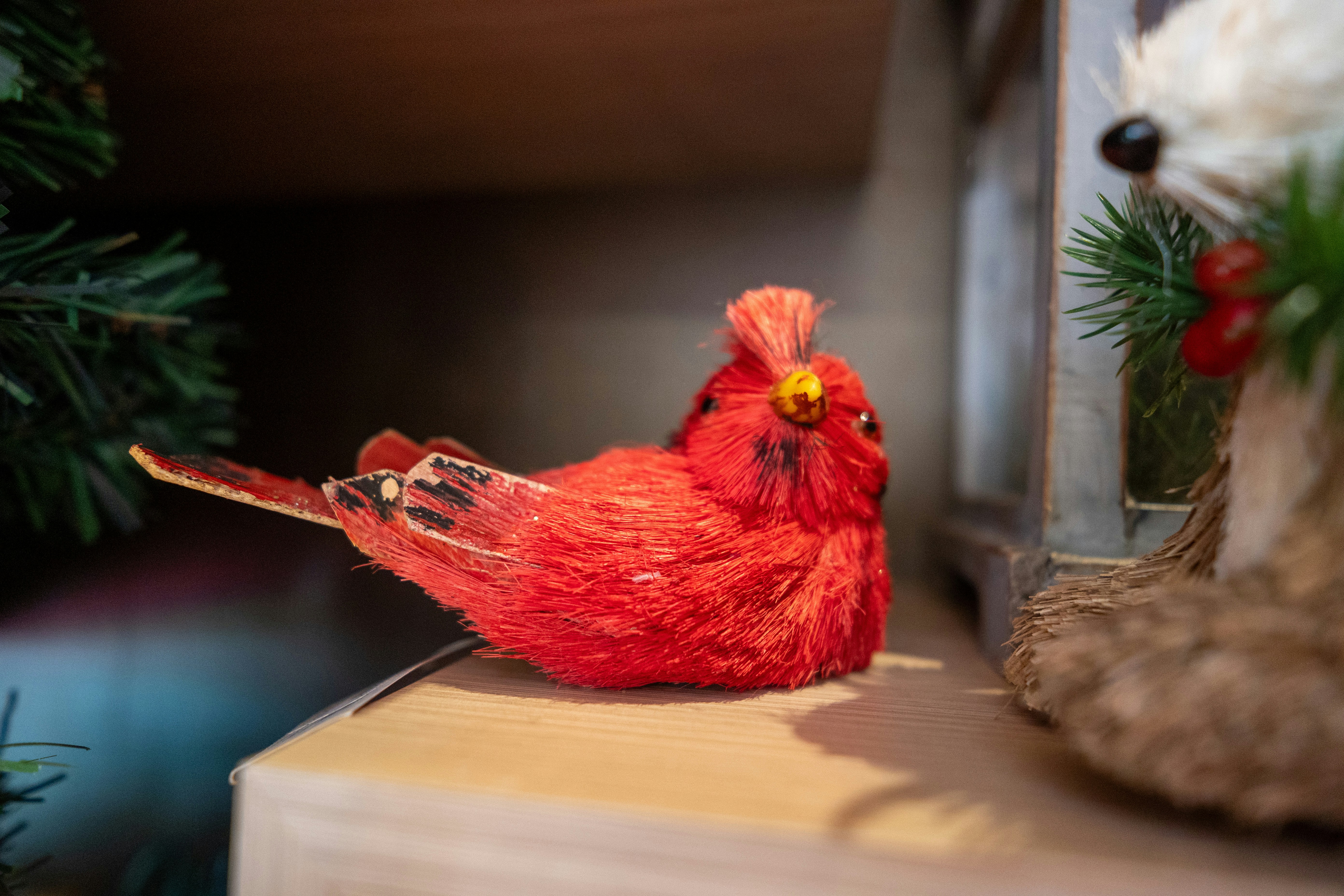Crimson Cardinal on a Quiet Shelf Amid Holiday Glow