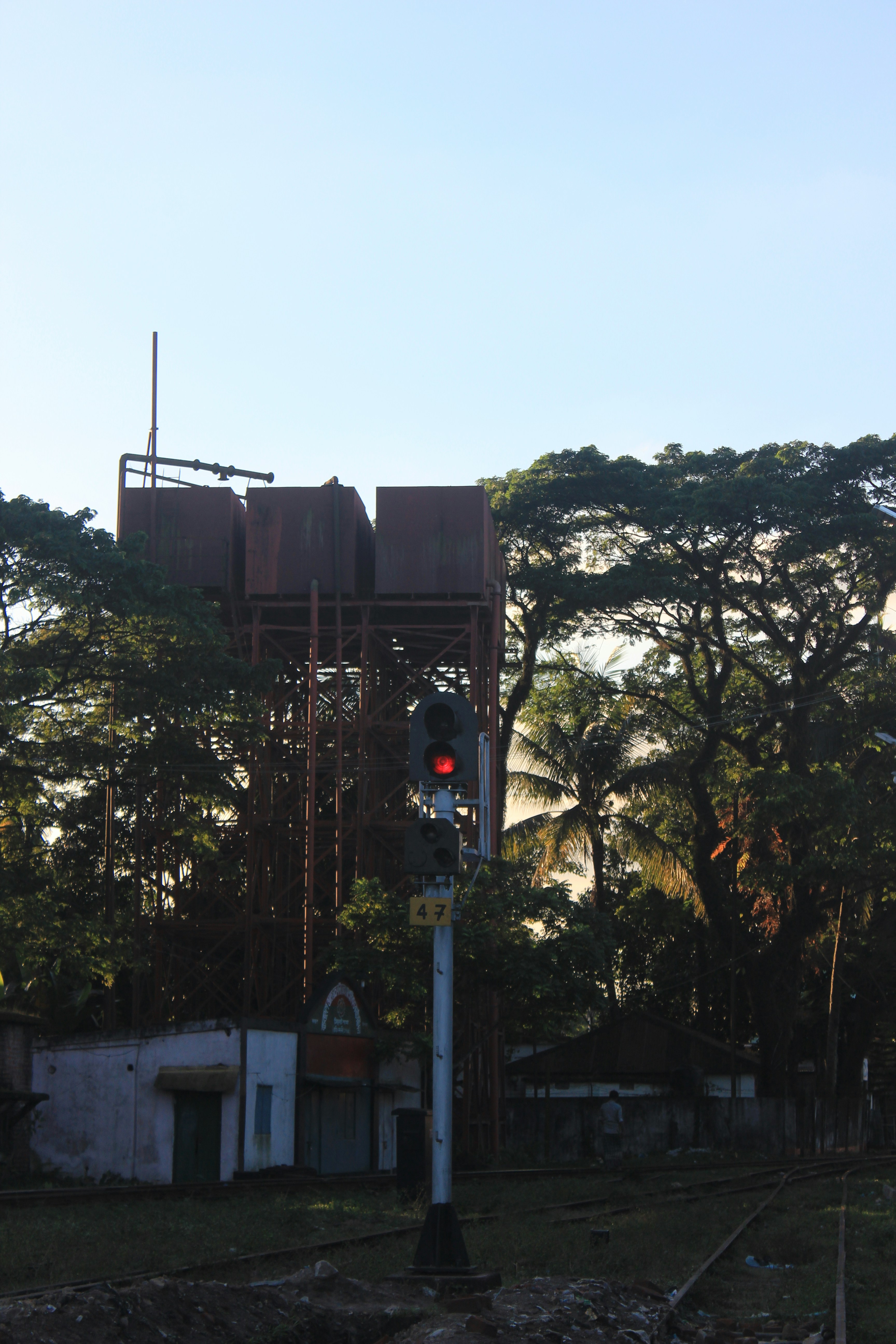 Red Signal at a Rusted Crossing Framed by Quiet Pines