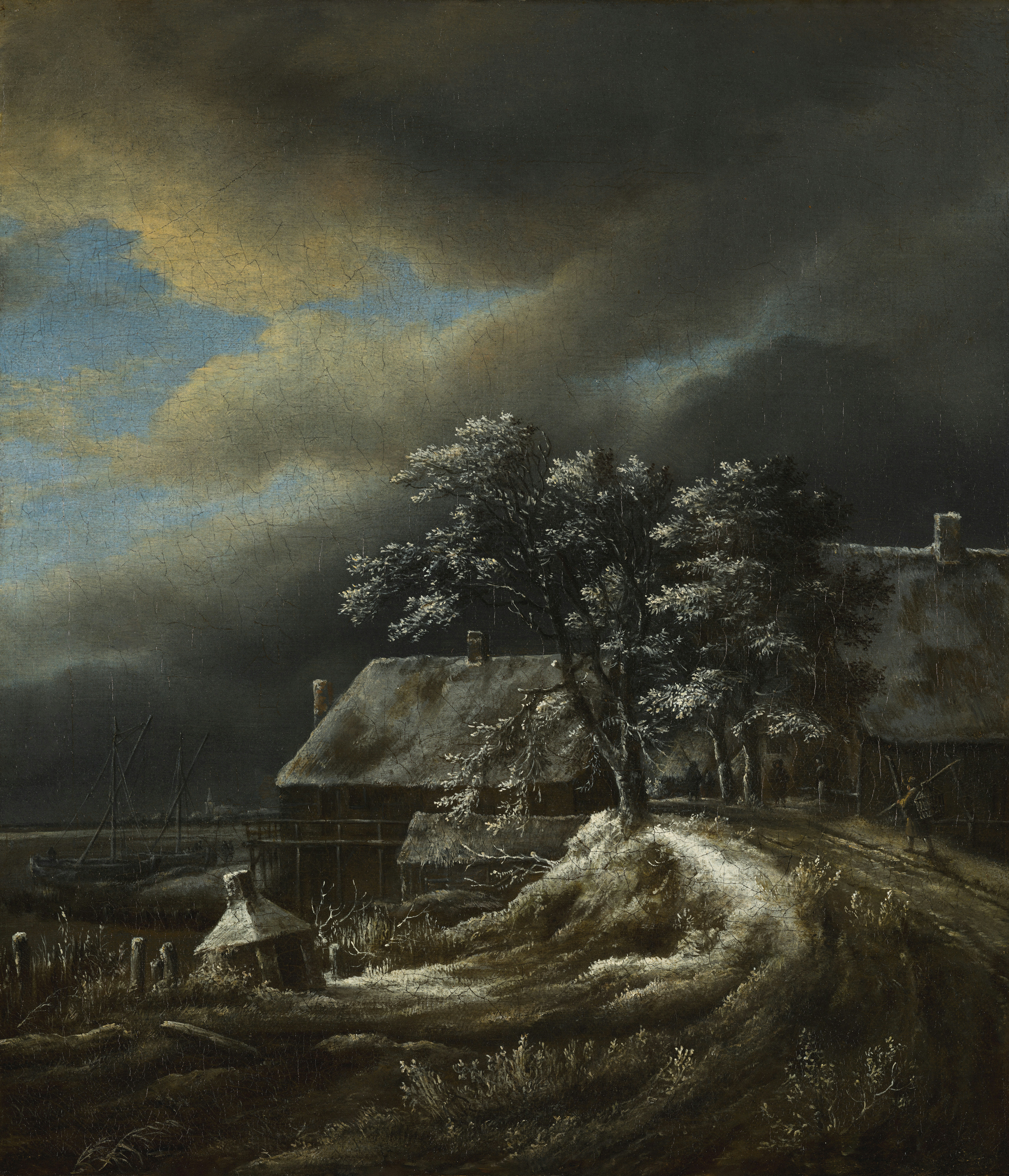 Una pintura de una casa con un cielo tormentoso en el fondo foto ...