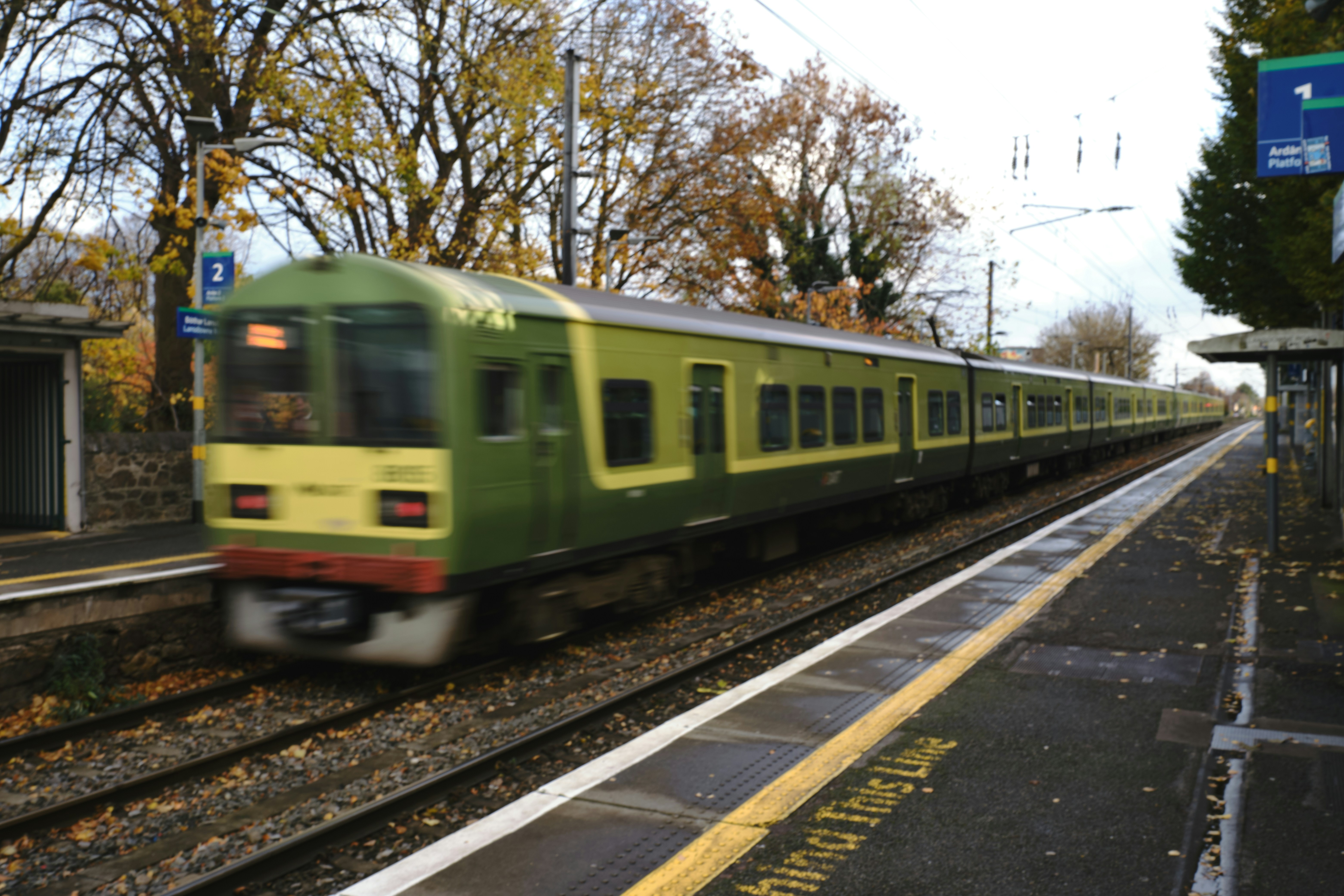 Green train speeding through an autumnal station with blurred motion effect.