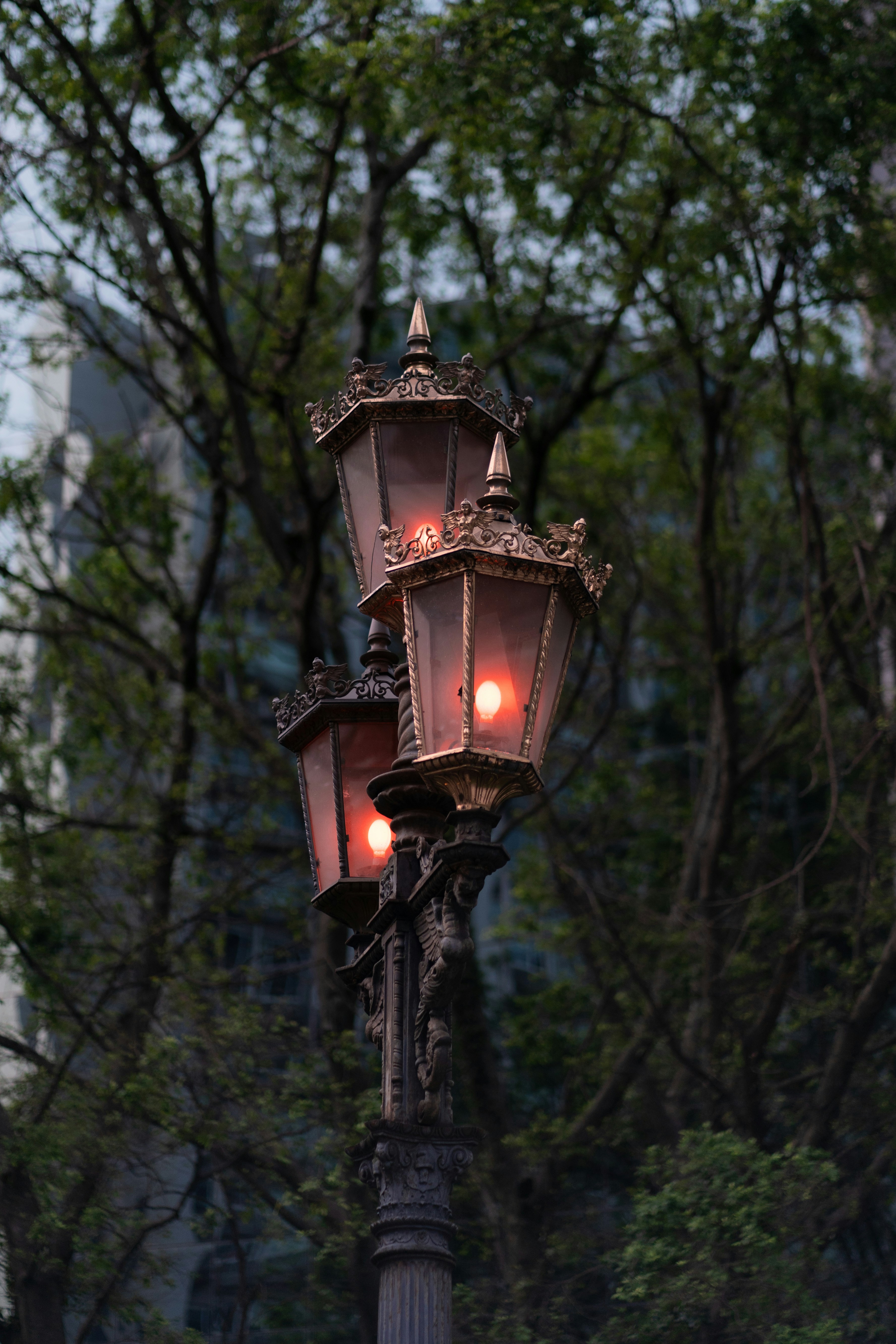 Three-Glass Lanterns, One Vintage Streetlamp, Quiet City Twilight