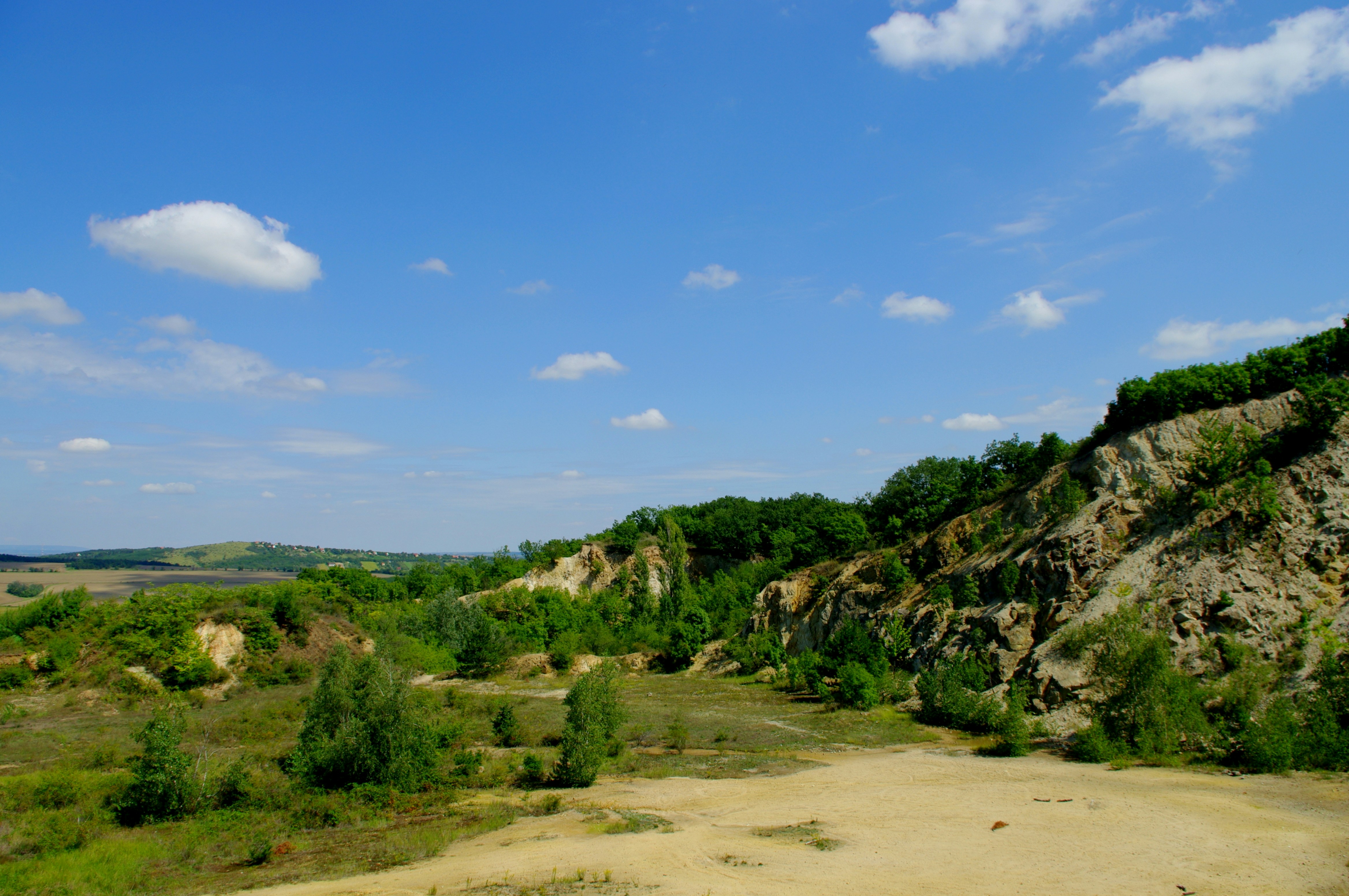 Terraced Hillside Under a Bright Blue Sky